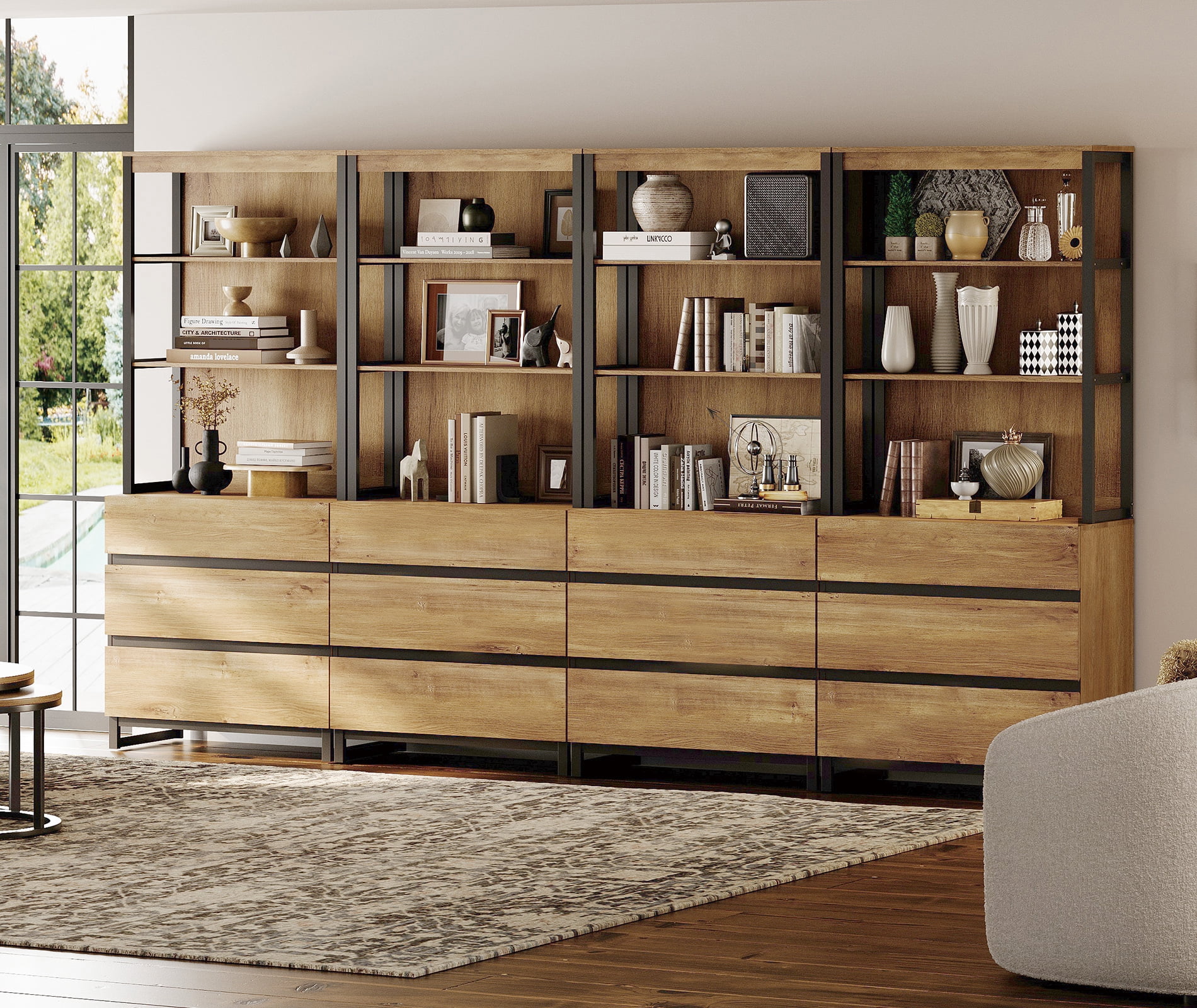 WAMPAT 4 PCS Modern 72" Tall Bookcase with 12 Drawers and Open Book ...