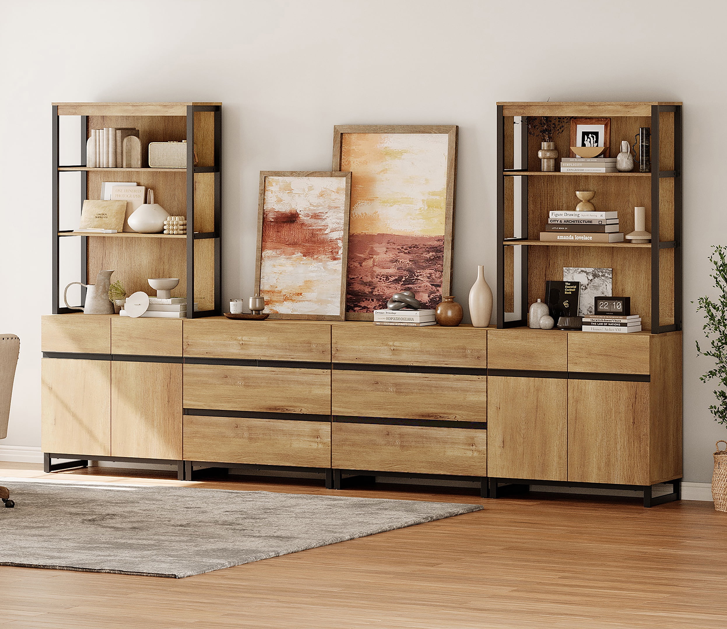 WAMPAT 4 PCS Modern 72" Tall Bookcase with 6 Drawers and Adjustable ...