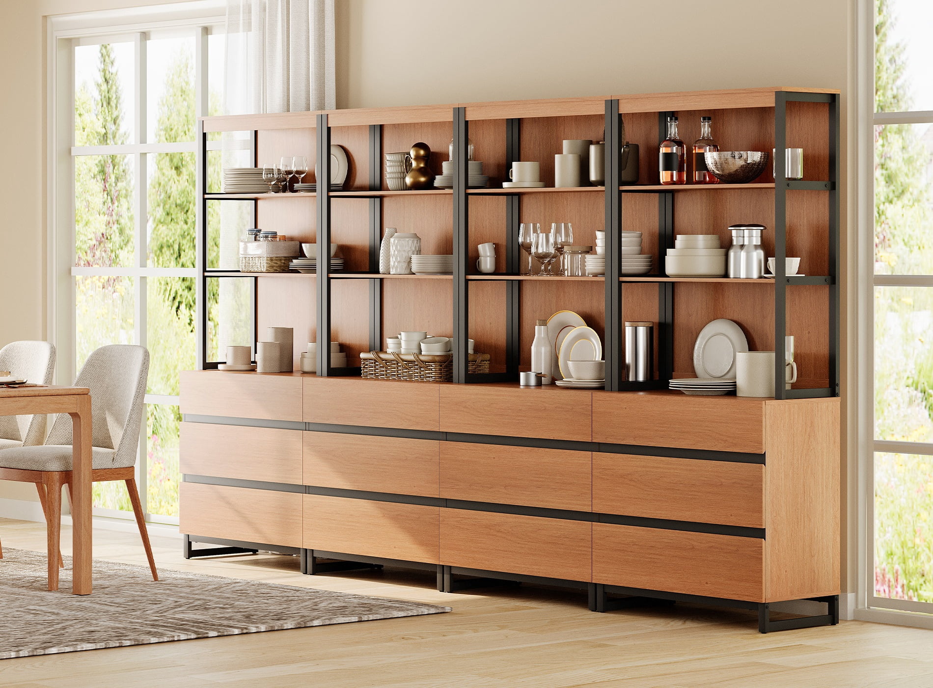 WAMPAT 4-Piece Modern 72" Tall Freestanding Bookcase，12 Drawers, Open ...