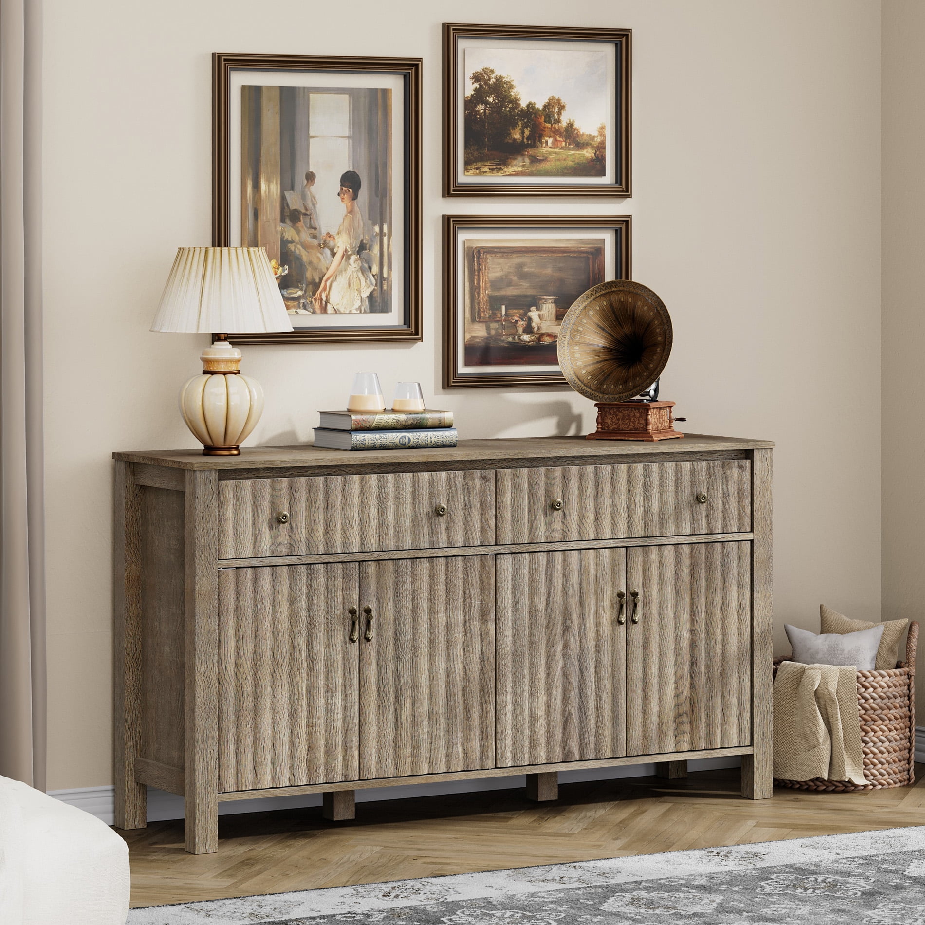 WAMPAT 57'' Farmhouse TV Stand for TVs Up to 75 Inch, Vintage Grey ...