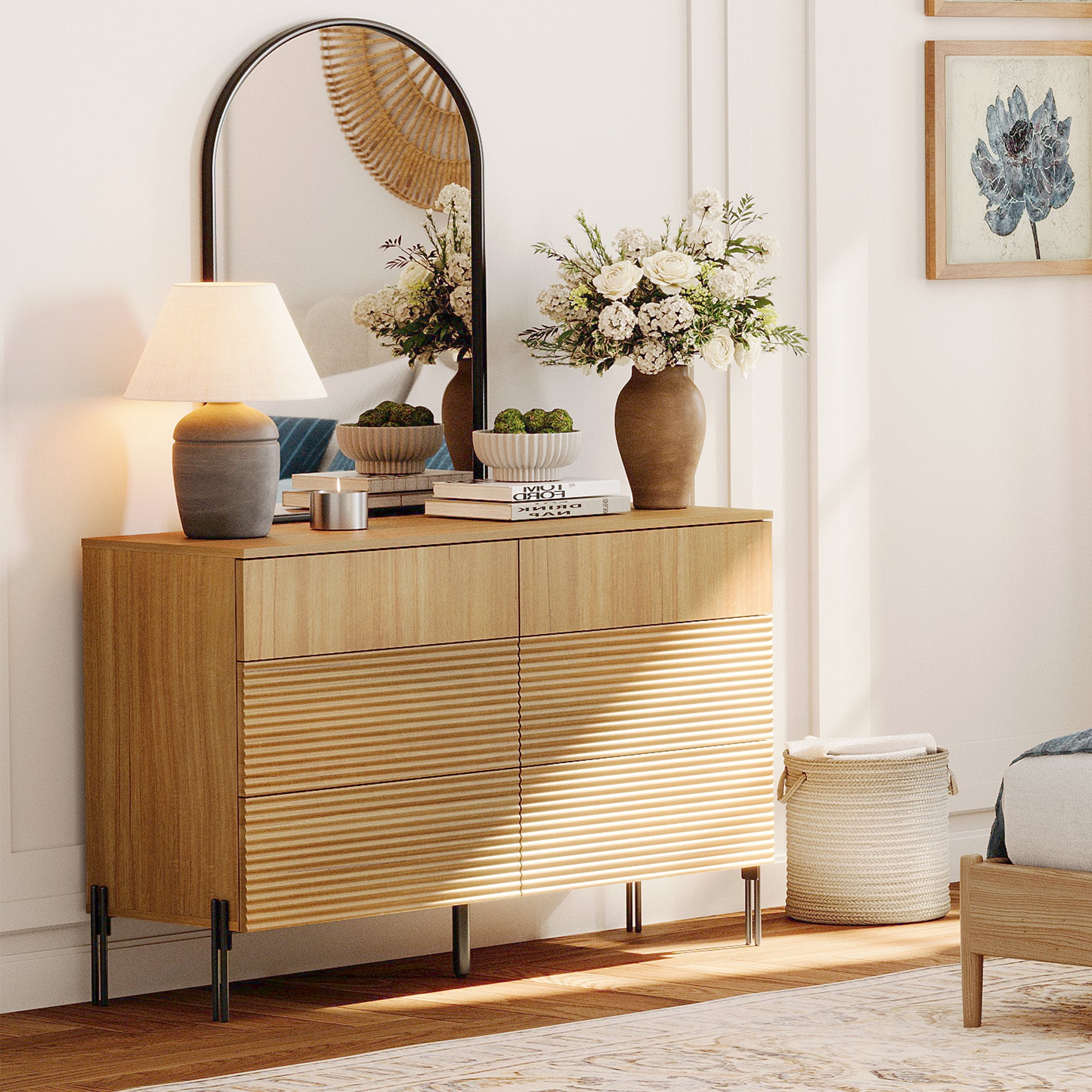 Wampat Modern Oak 6-Drawer Wooden Chest for Bedroom Storage Cabinet ...