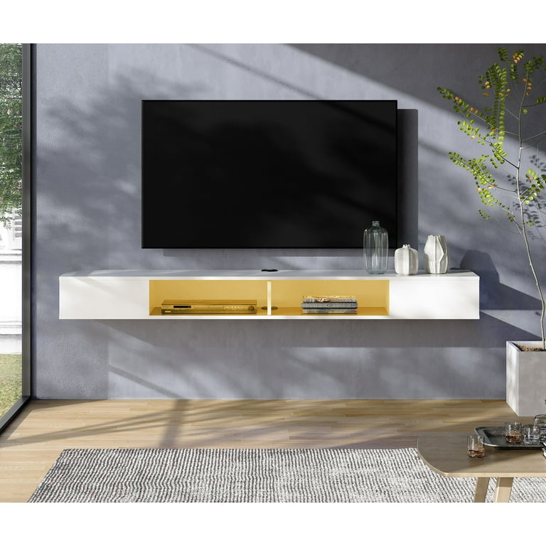 WAMPAT 70 inch Floating TV Stand Wall Mounted with Yellow Light White FLoating Entertainment Center TV Shelf for Living Room