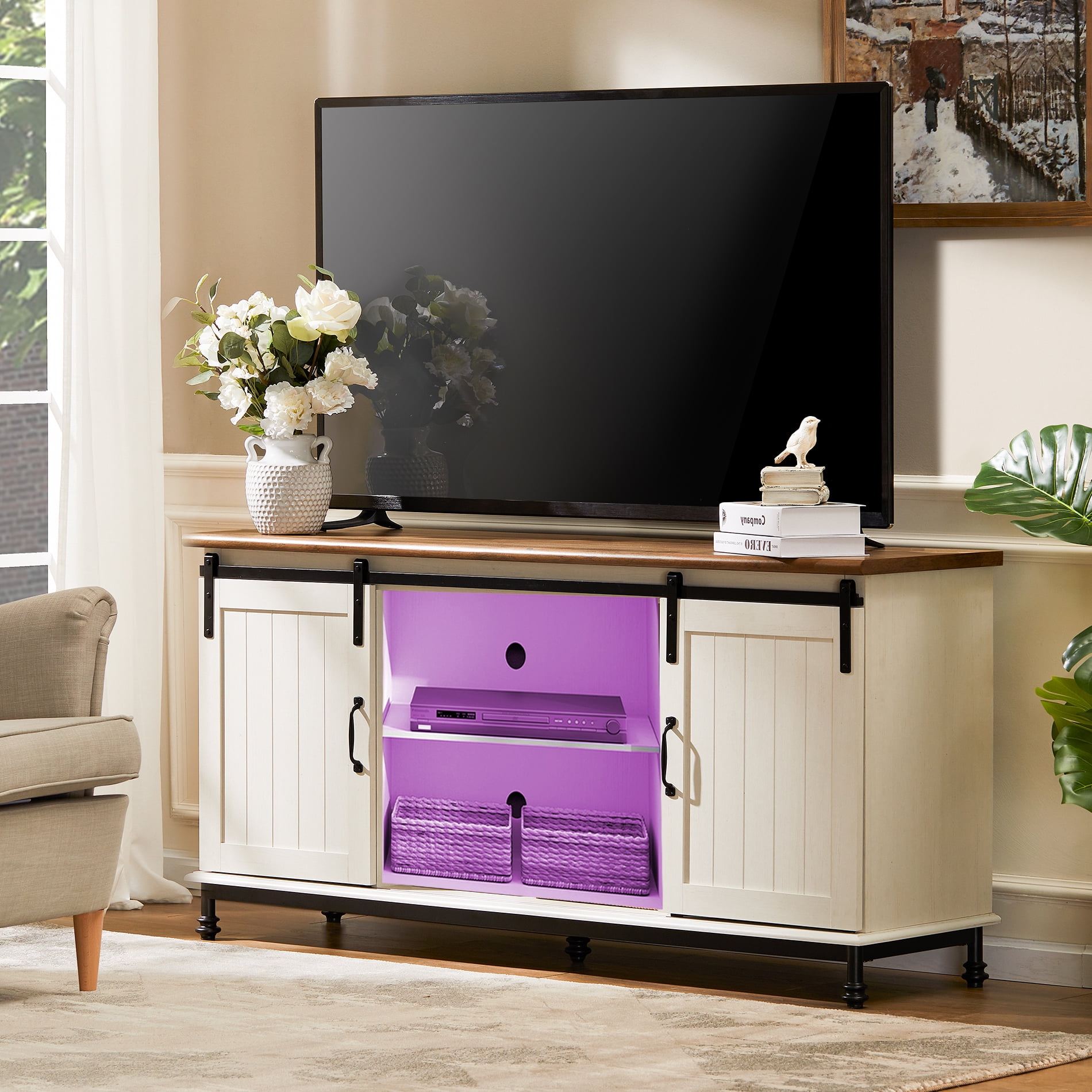 WAMPAT Colorful Lights Farmhouse TV Stand with Sliding Barn Door ...