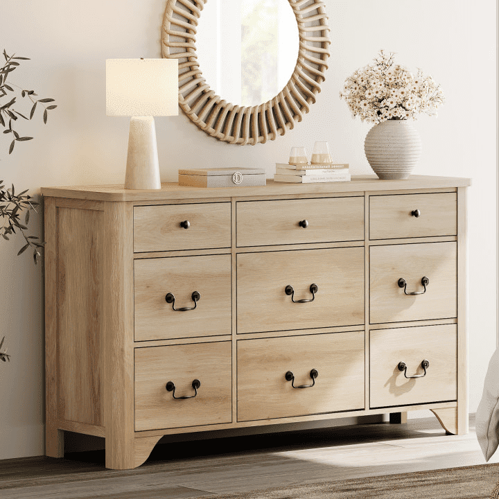 WAMPAT Wooden 9 Drawer Dresser for Bedroom,53.5" W Rustic Farmhouse ...