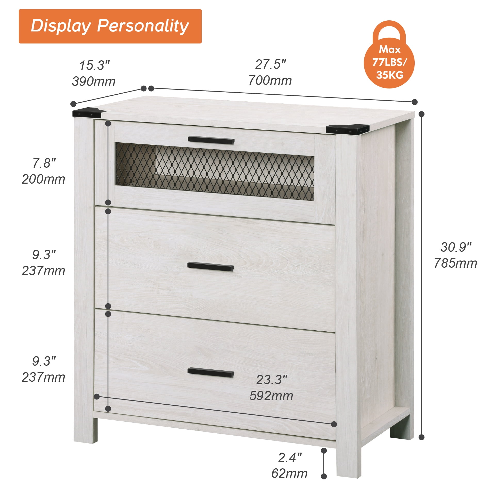 WAMPAT Dresser - 3-Drawer Storage Cabinet - Antique White - Walmart.com