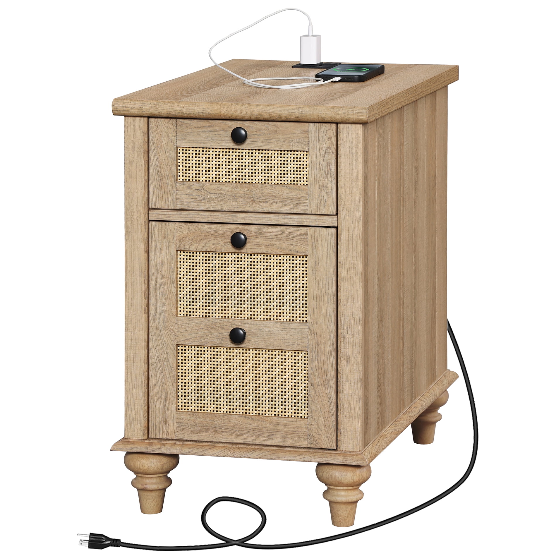 WAMPAT Farmhouse End Table with Charging Station, Wood Sofa Side Table ...