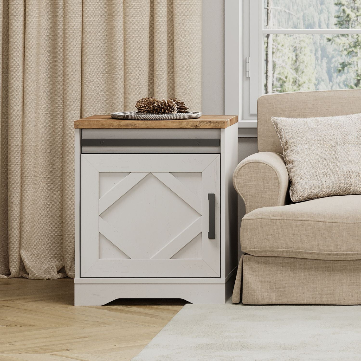 WAMPAT Farmhouse End Table, Pedestal Side Table with Drawer & Cabinet ...