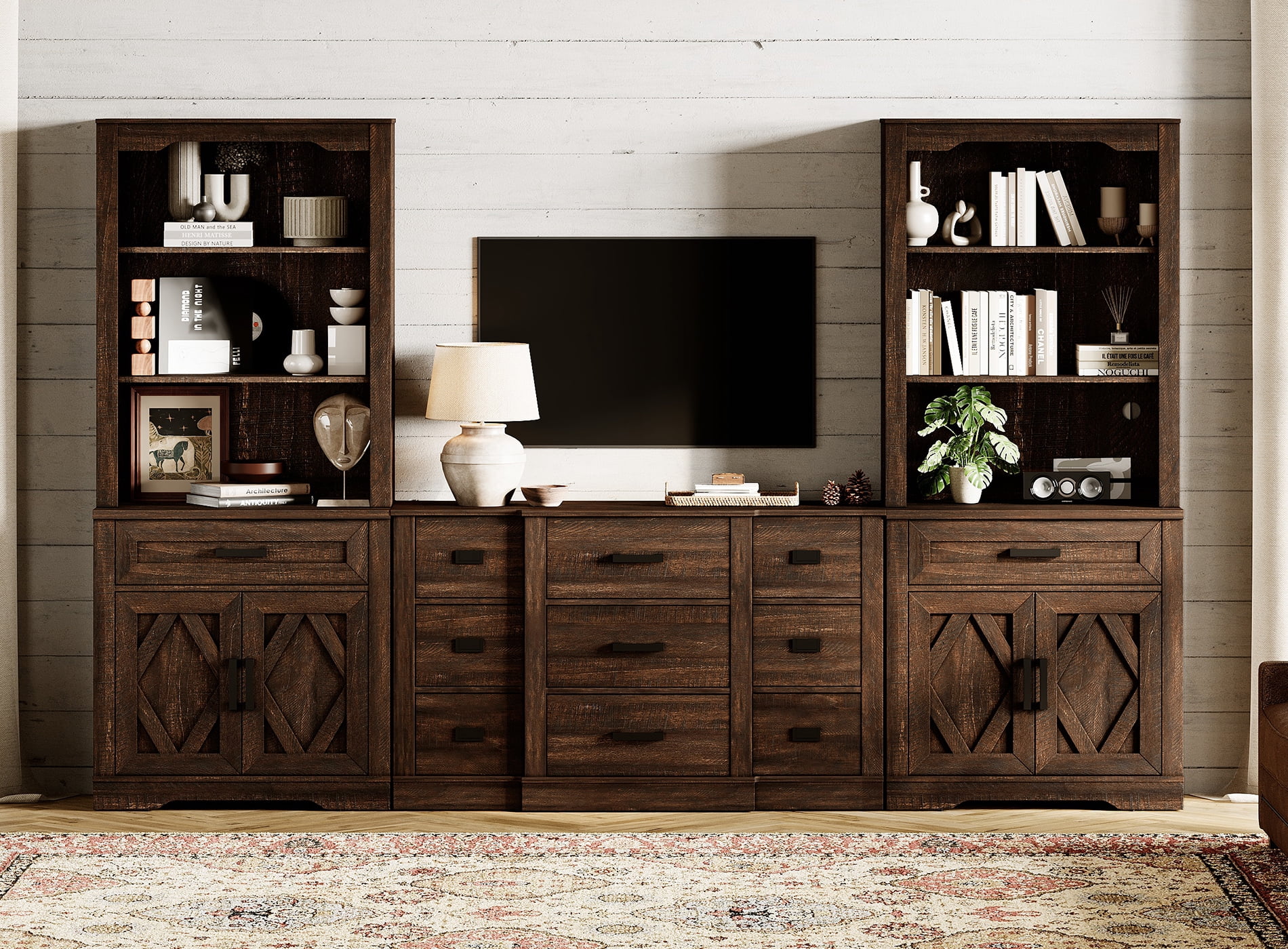 WAMPAT Farmhouse Entertainment Center with Bookshelf for TVs up to 60 ...