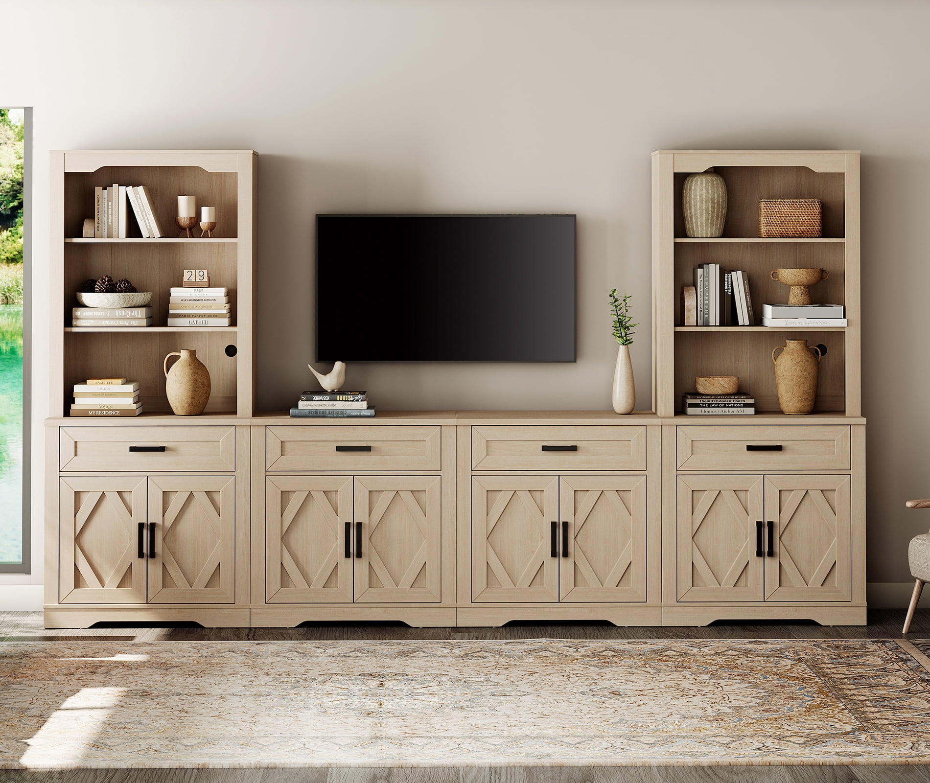 WAMPAT Farmhouse Entertainment Center with Bookshelf for TVs up to 70 ...
