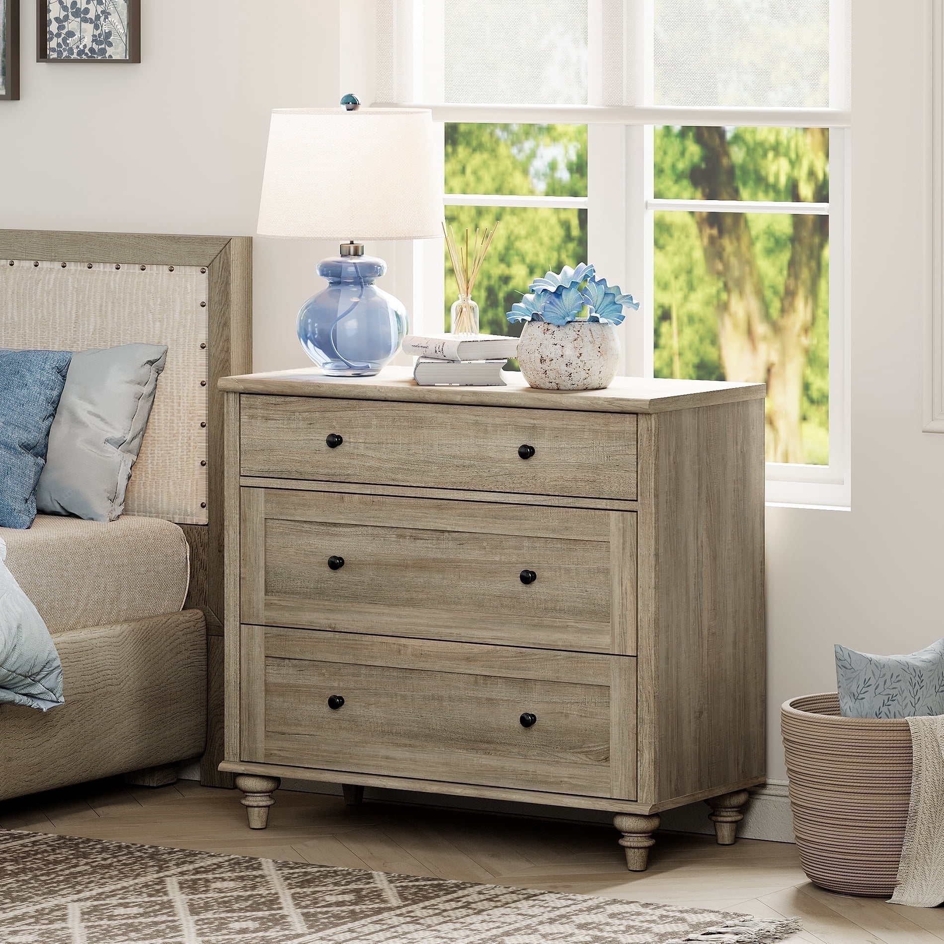WAMPAT Farmhouse Nightstand with 3 Drawers, Large Wood Bedside Table ...