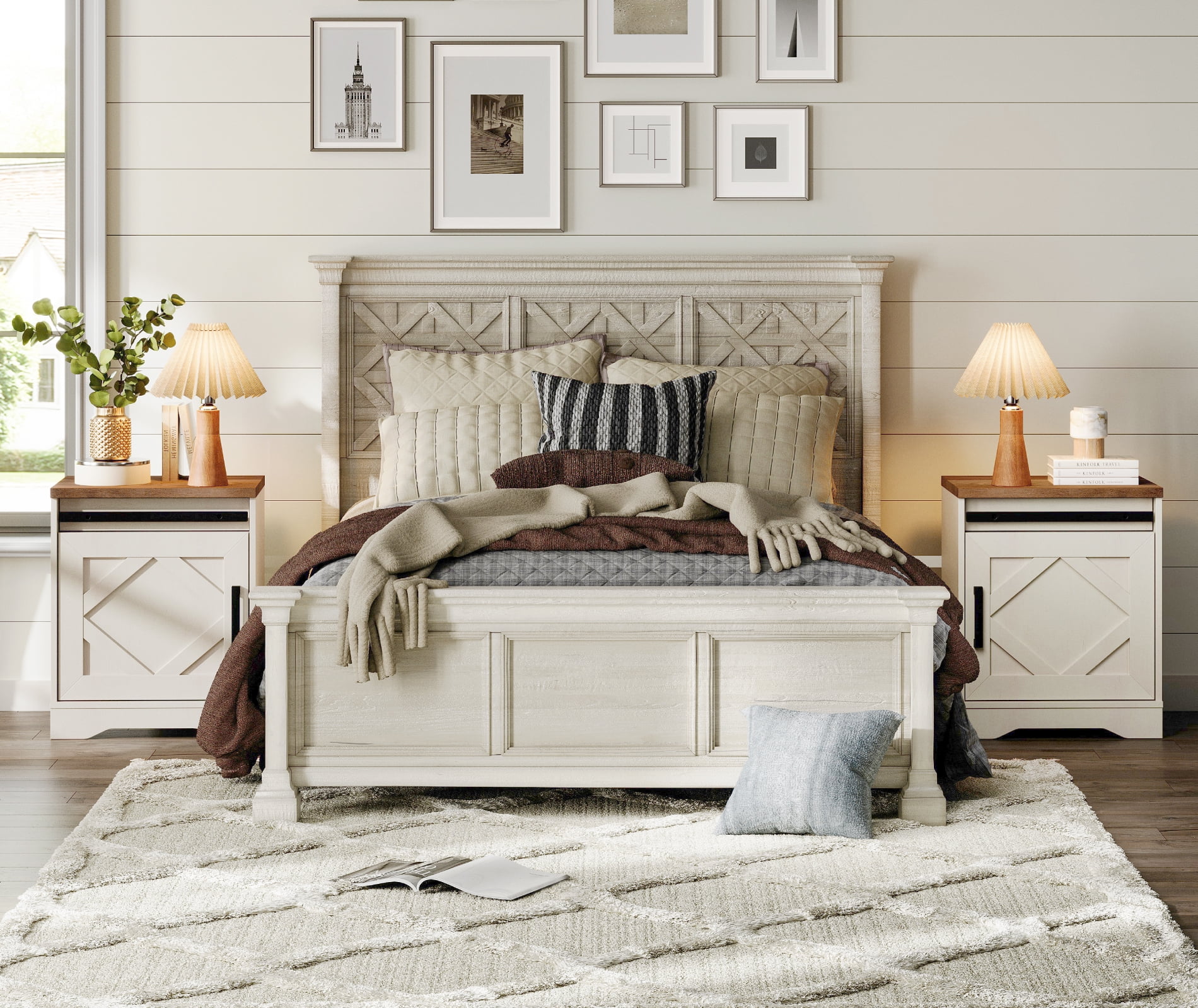 WAMPAT Farmhouse Nightstand Set of 2,Wooden Bedside Table with Drawer ...