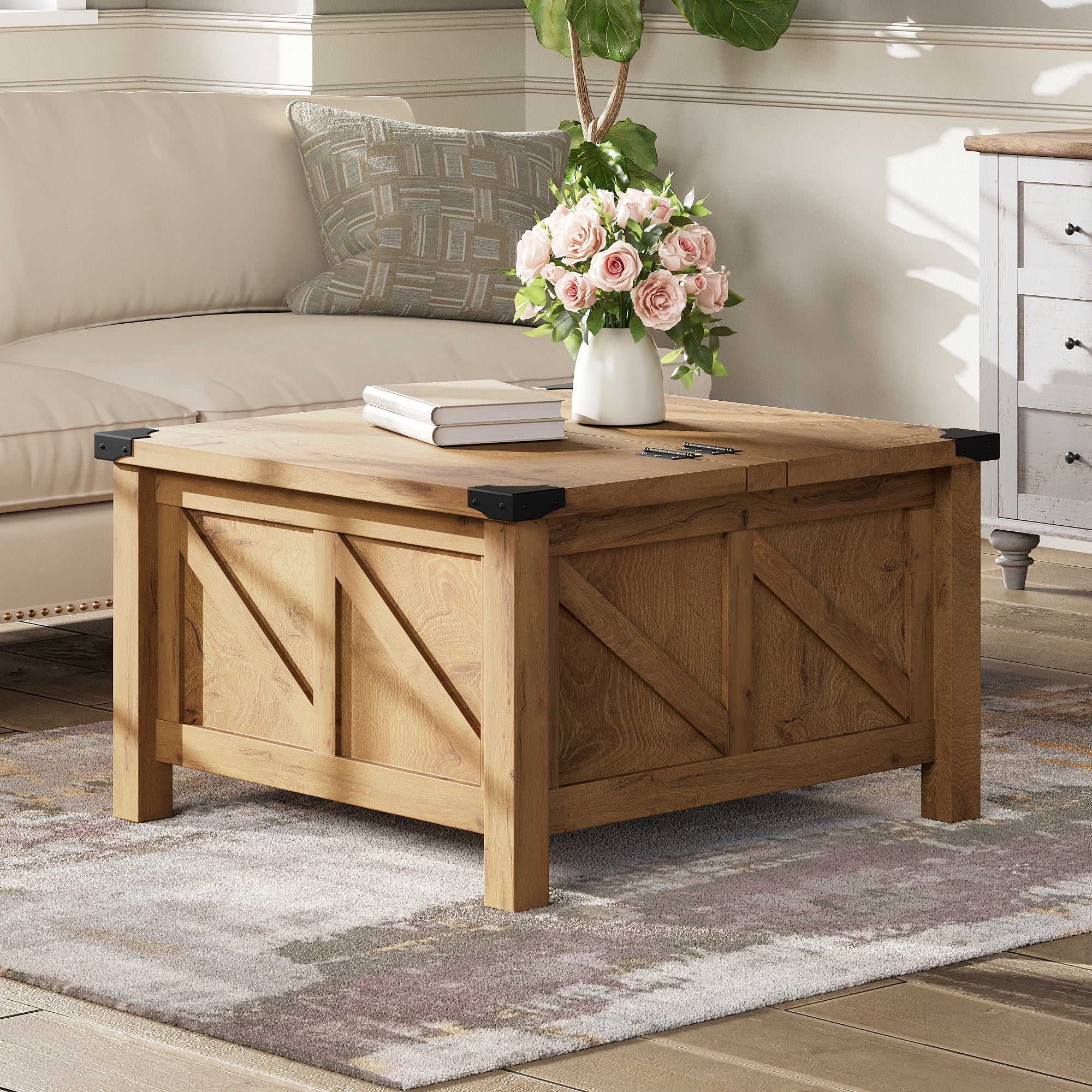 WAMPAT Farmhouse Square Coffee Table with Storage for Living Room,30 ...
