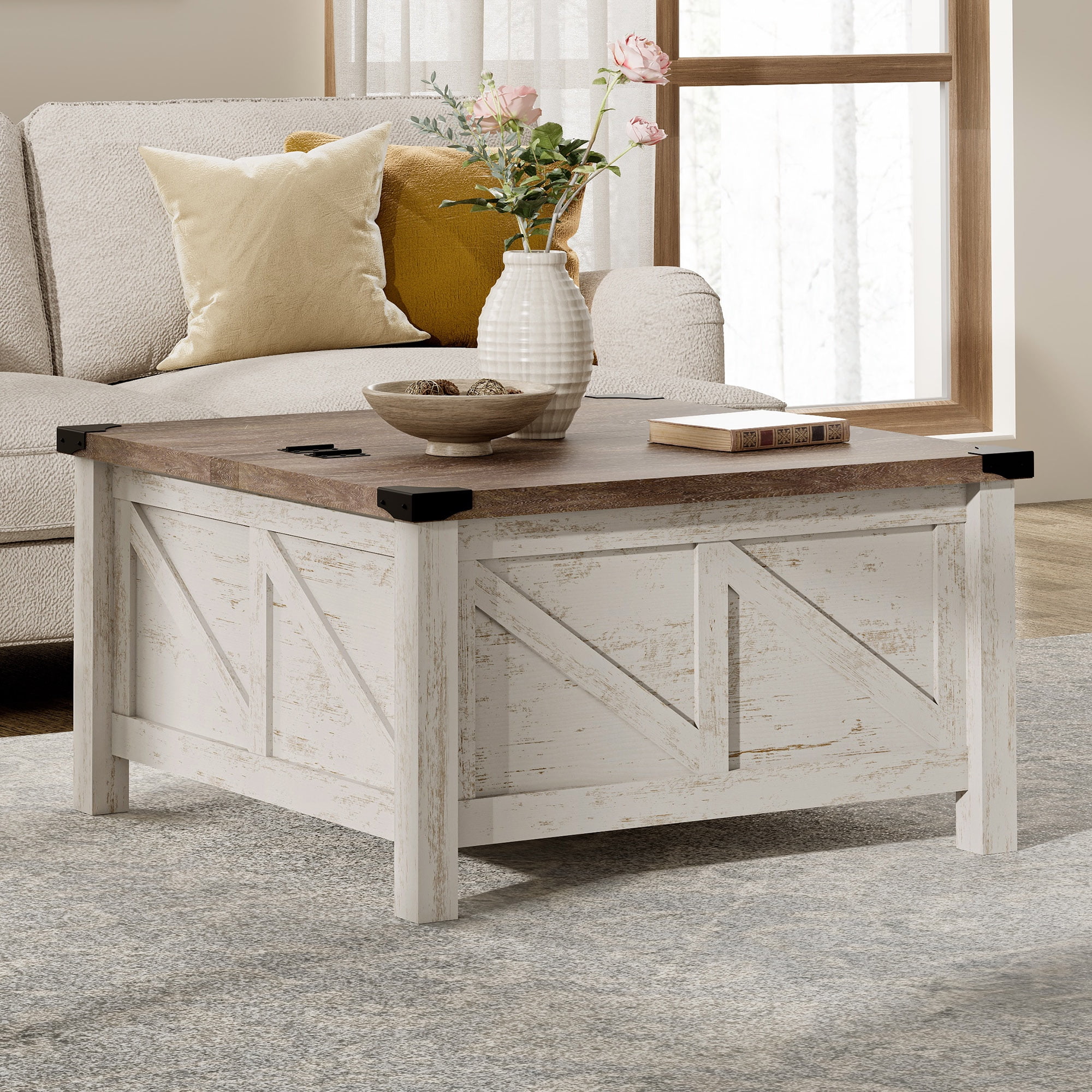 WAMPAT Farmhouse Square Coffee Table with Storage for Living Room,30 ...