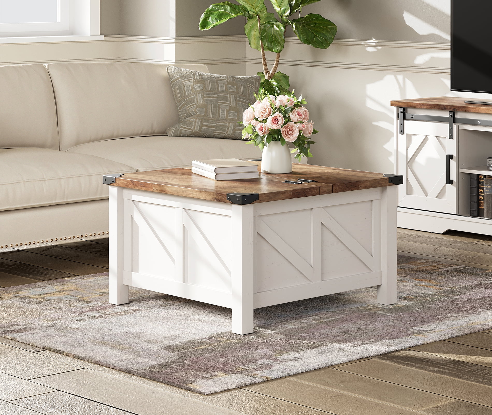 WAMPAT Farmhouse Square Coffee Table with Storage for Living Room,30 ...