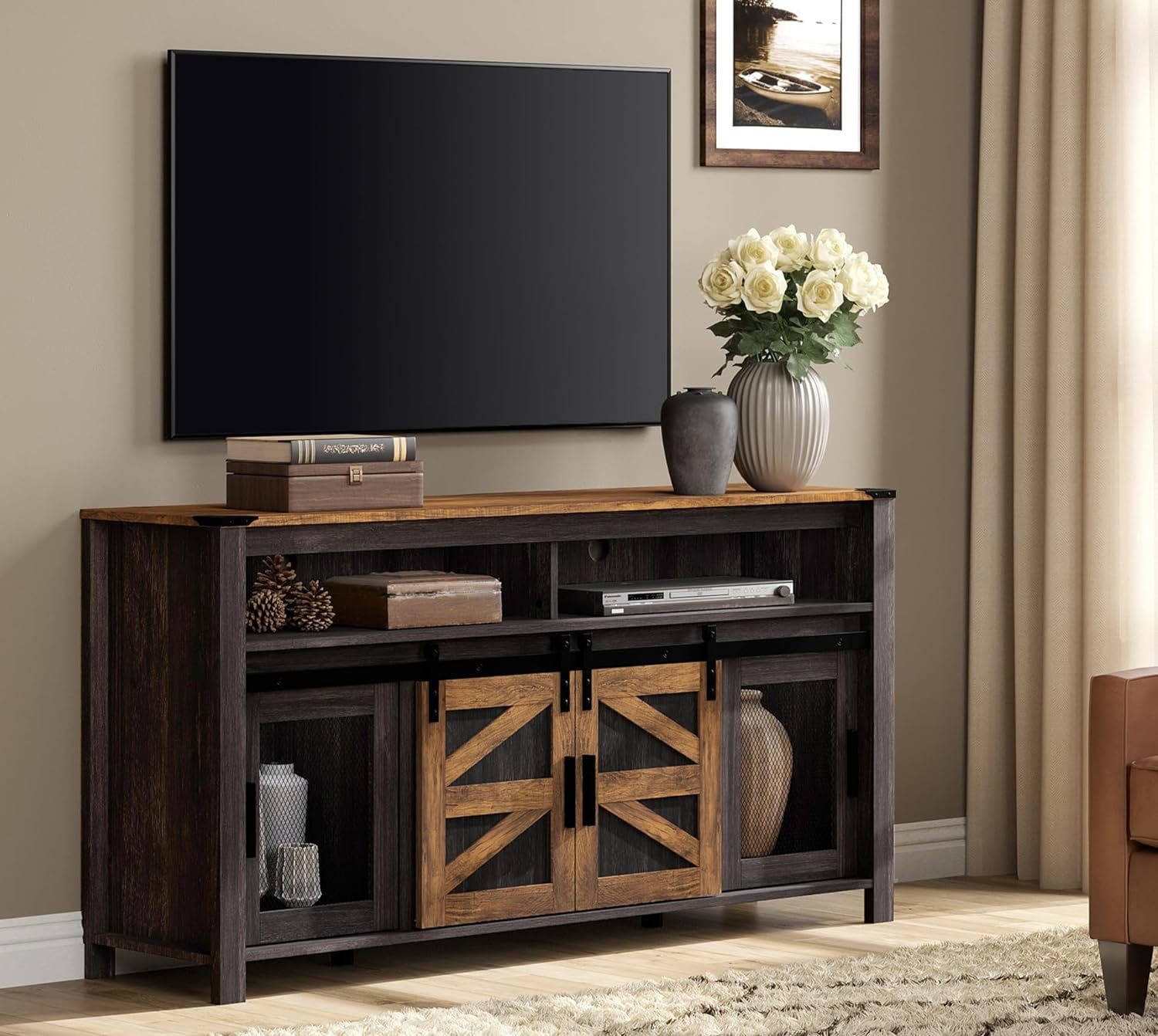 WAMPAT Farmhouse TV Stand for 65 Inch TV, Antique Black & Brown Entertainment Center with ...