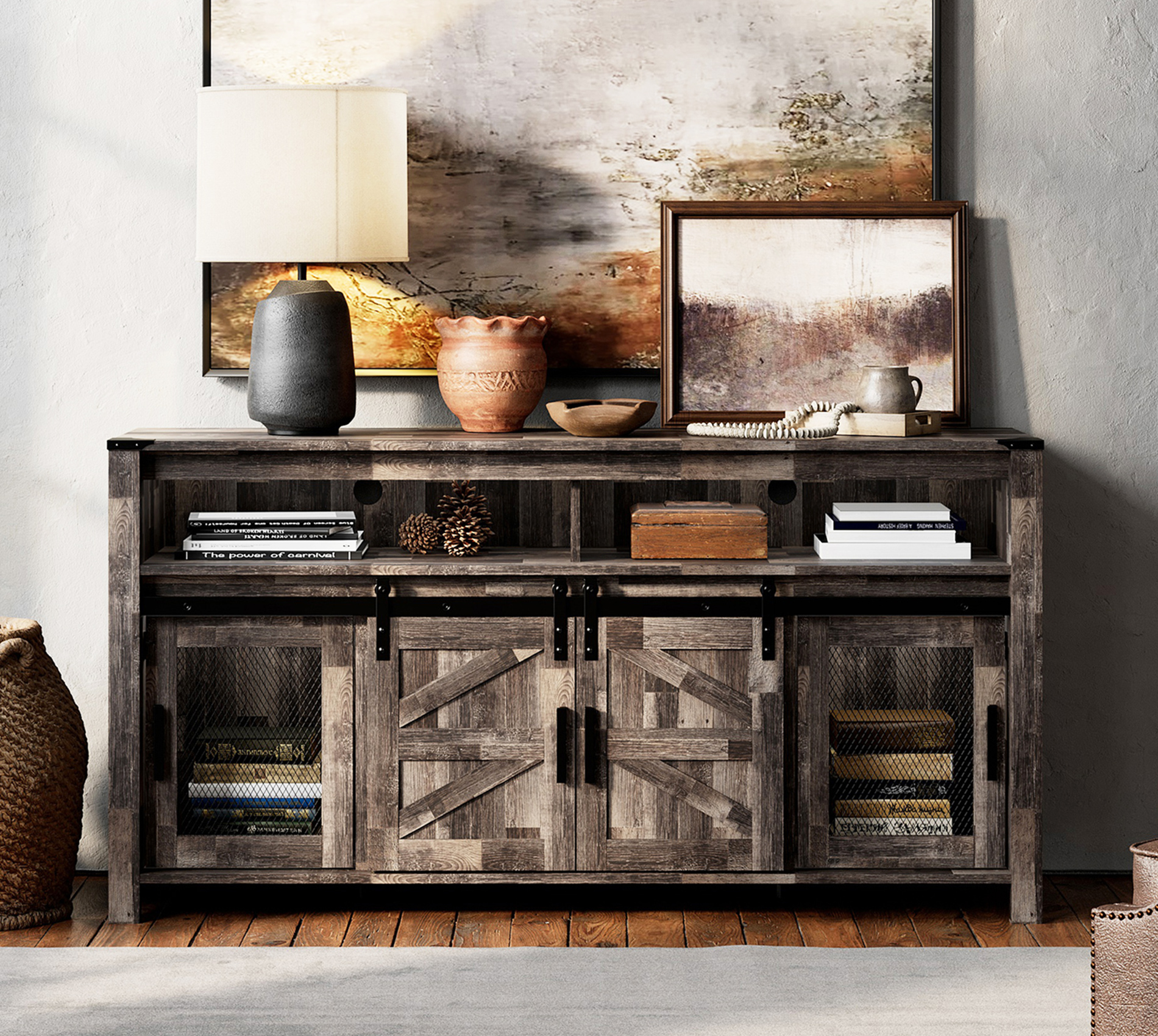 WAMPAT Farmhouse TV Stand for 65 Inch TV, Rustic Brown Entertainment ...