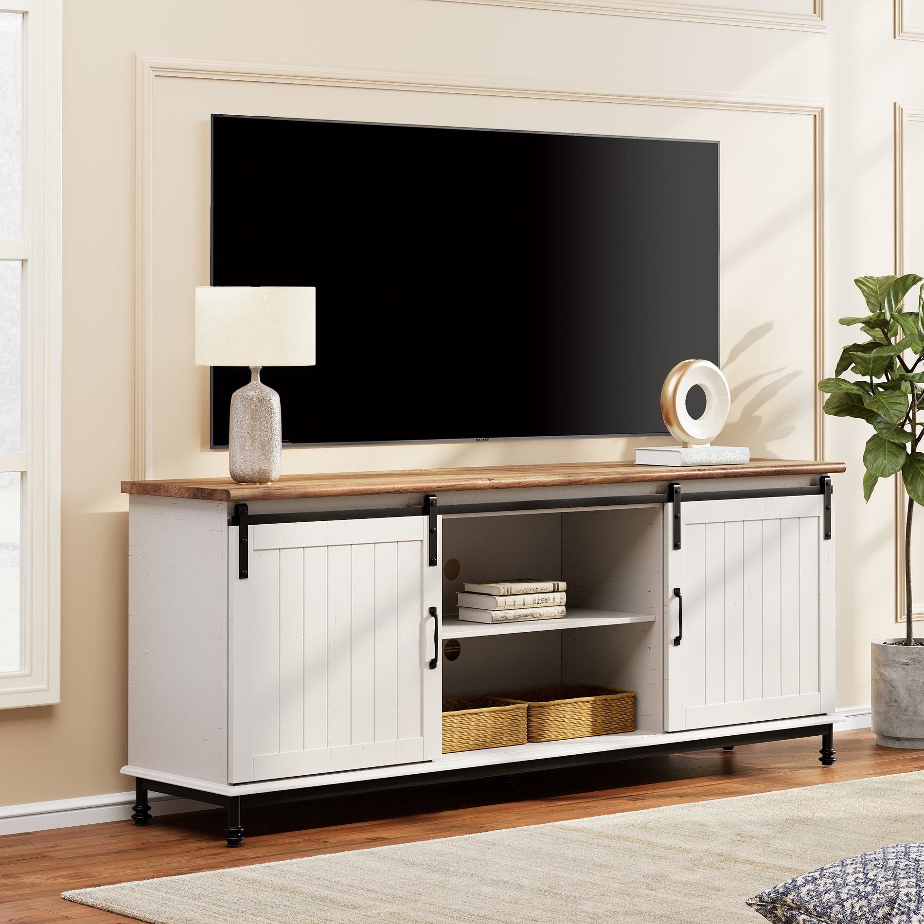 WAMPAT Farmhouse TV Stand for 65 Inch TV, Sliding Barn Door Wood ...