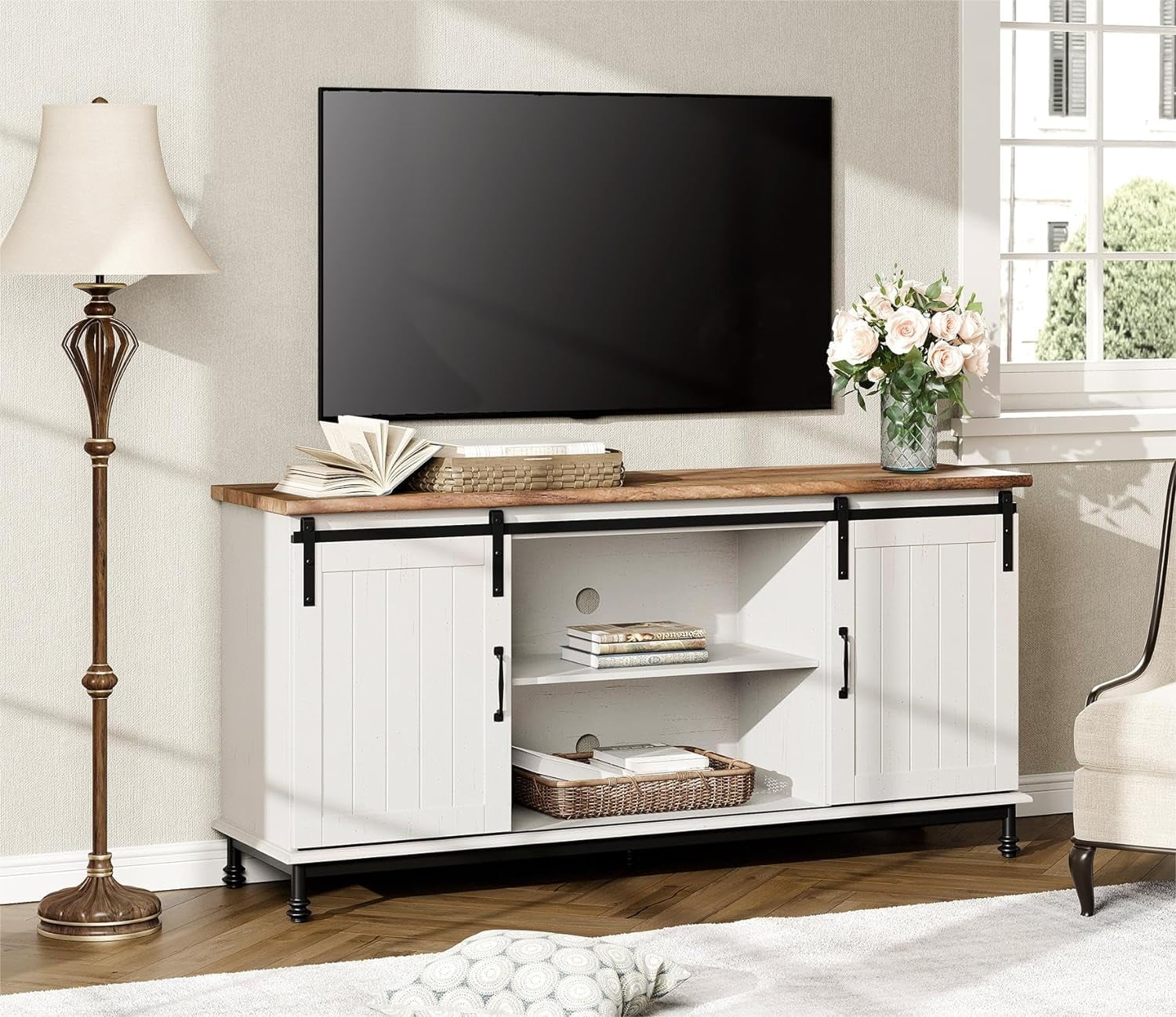 WAMPAT Farmhouse TV Stand for 65 Inch TV, Sliding Barn Door Wooden Entertainment Center with ...