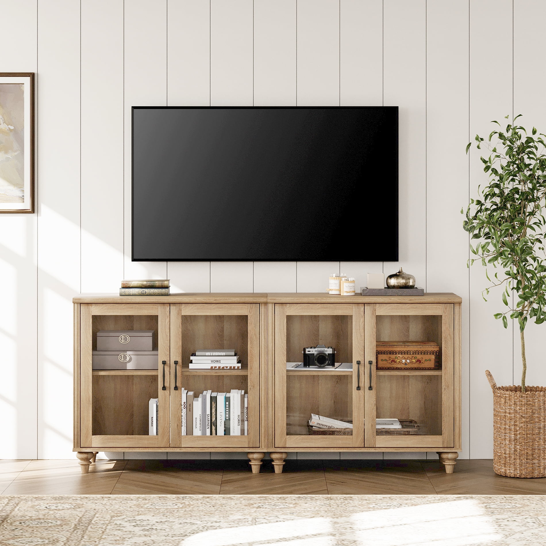 WAMPAT Farmhouse TV Stand for 75 inch TV with 4 Glass Doors, Wood ...
