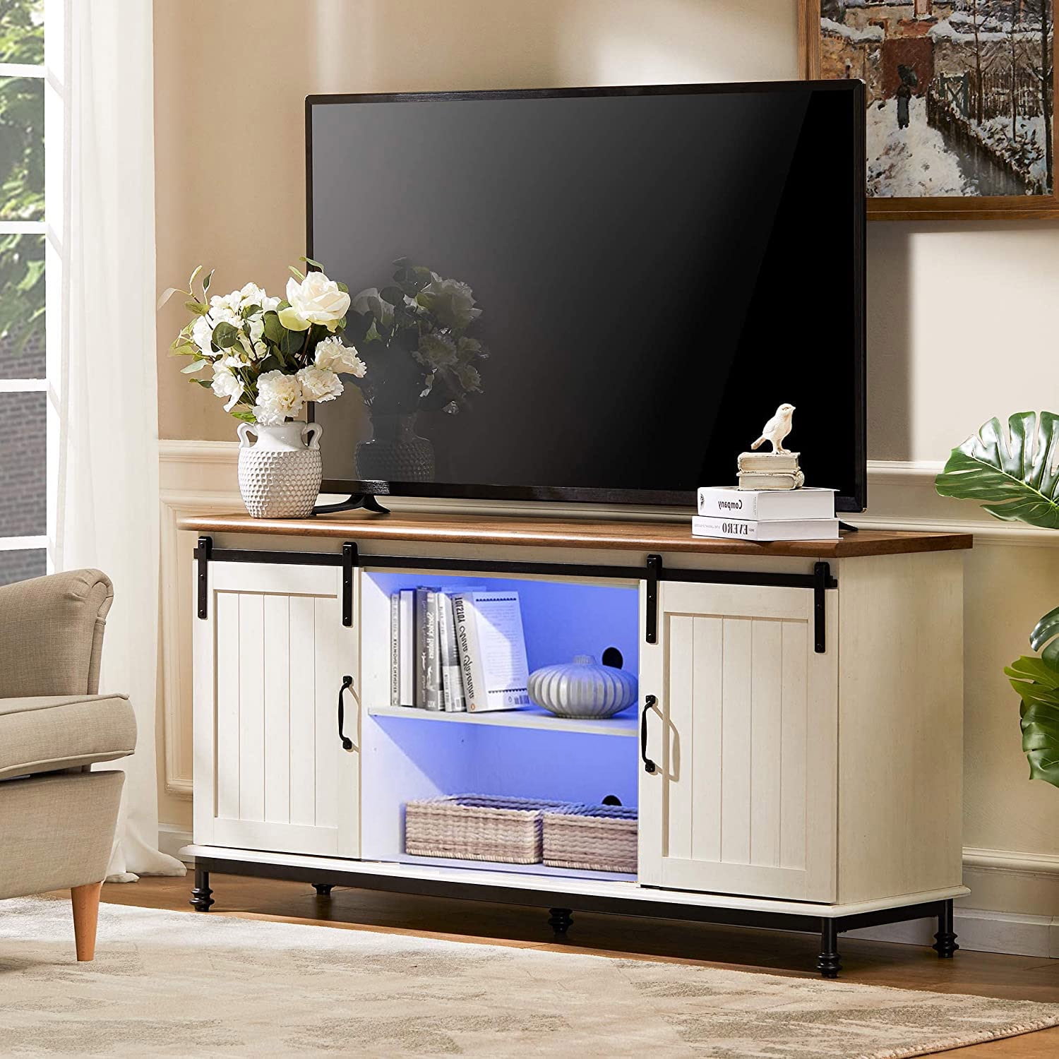 WAMPAT Farmhouse TV Stand with Blue Led Lights, Entertainment Center ...