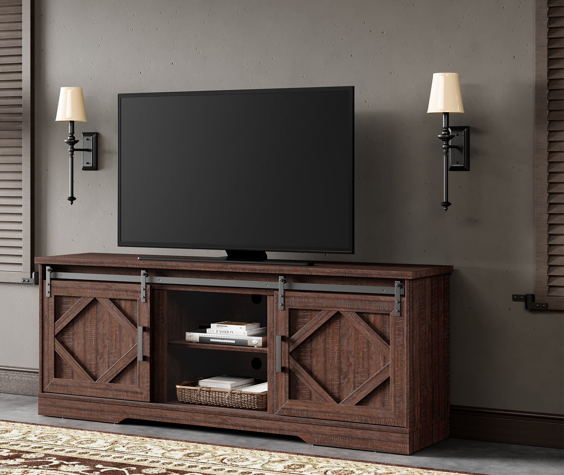 WAMPAT Farmhouse TV Stand Modern Sliding Barn Door Entertainment Center ...