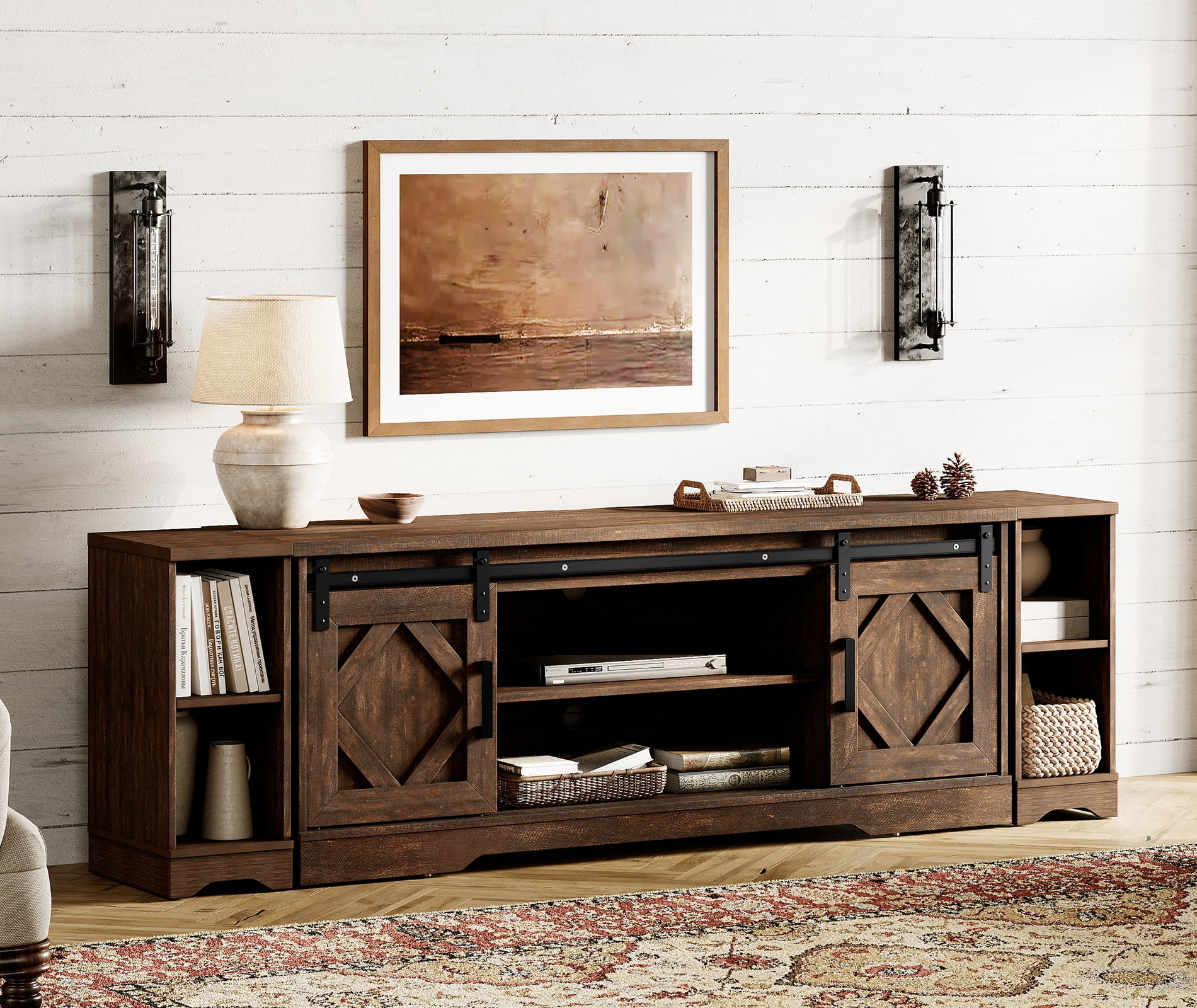 WAMPAT Farmhouse TV Stand with Sliding Barn Doors, Media Console with 3 ...