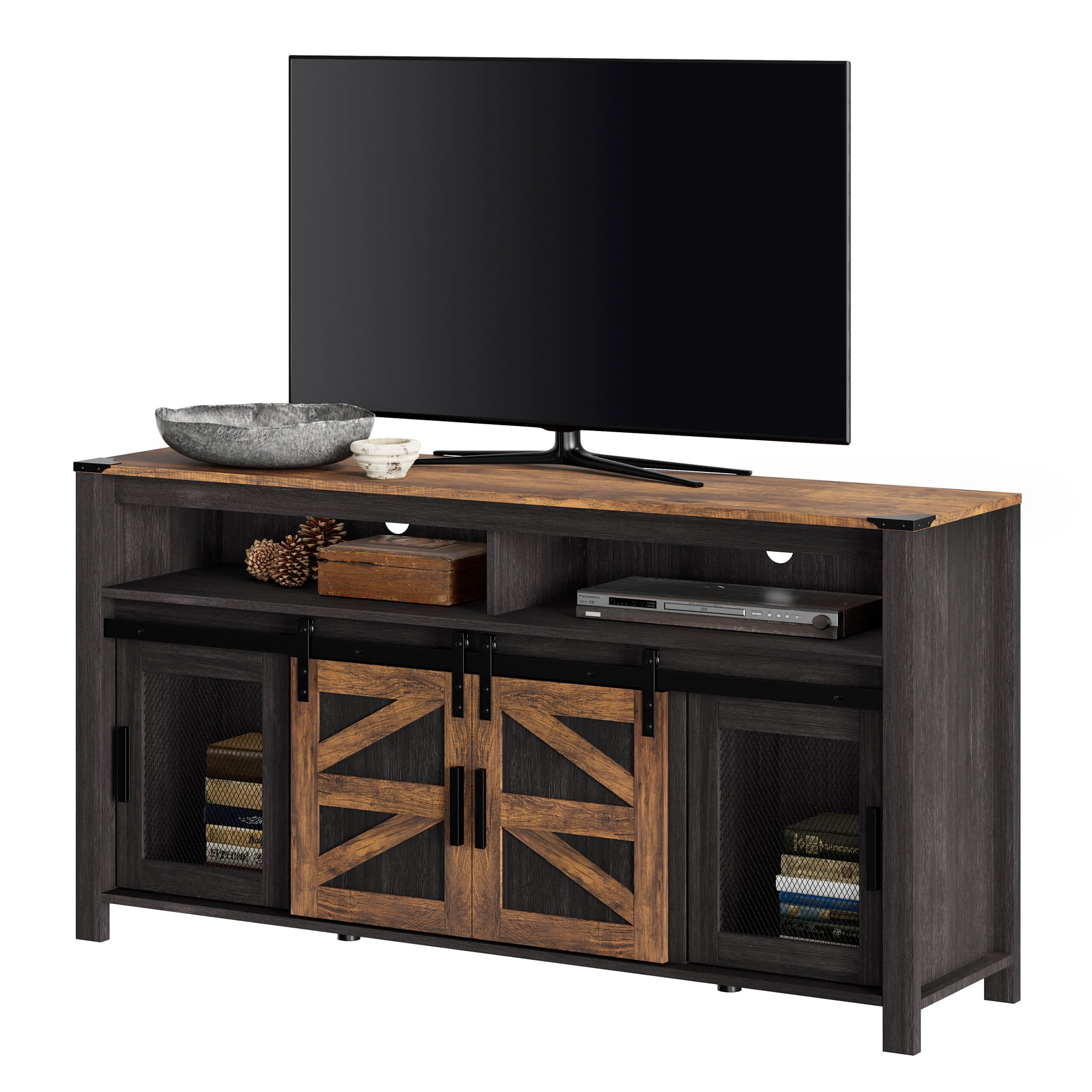 WAMPAT Farmhouse TV Stand with Two Barn Doors and Storage Cabinets for ...