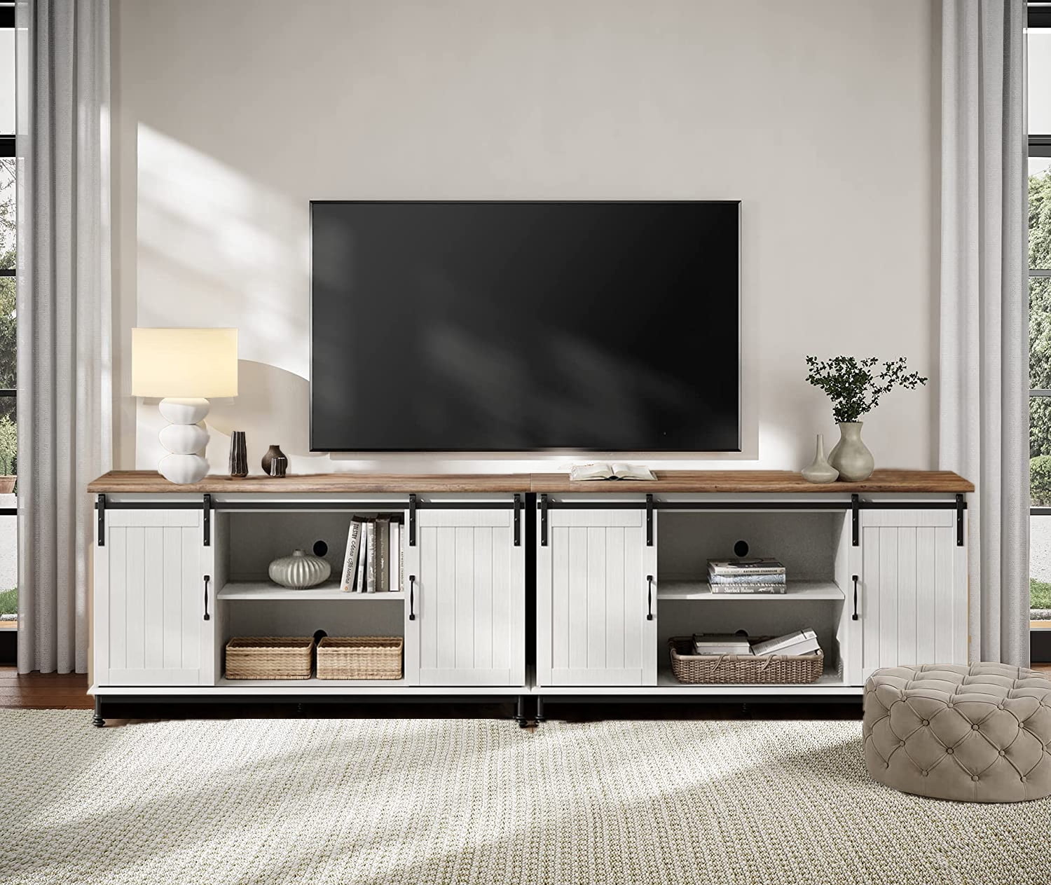 WAMPAT Farmhouse TV Stand for Up to 110 Inch TV, Sliding Barn Door Wood ...