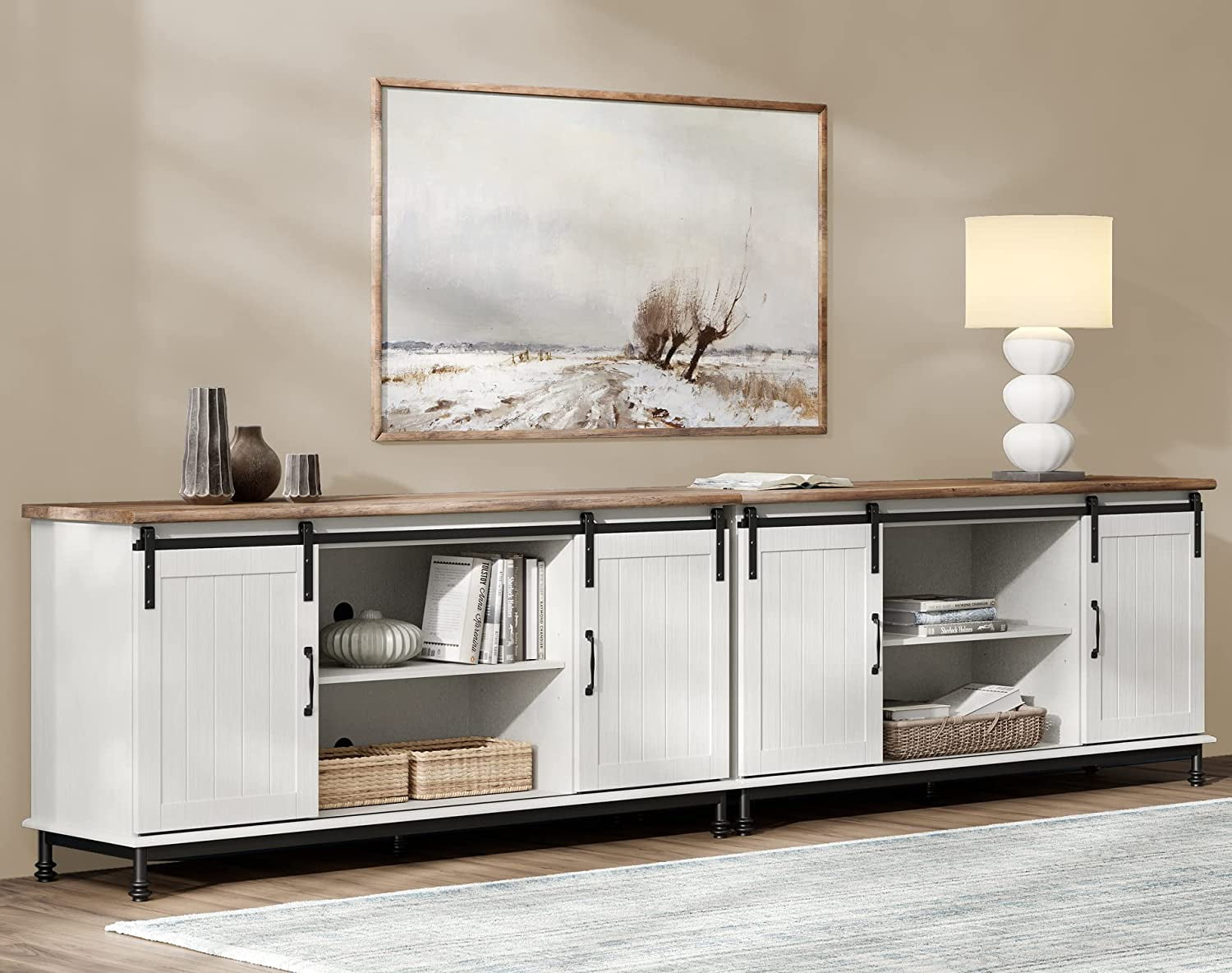 WAMPAT Farmhouse TV Stand for Up to 110 Inch TV, Sliding Barn Door Wood ...