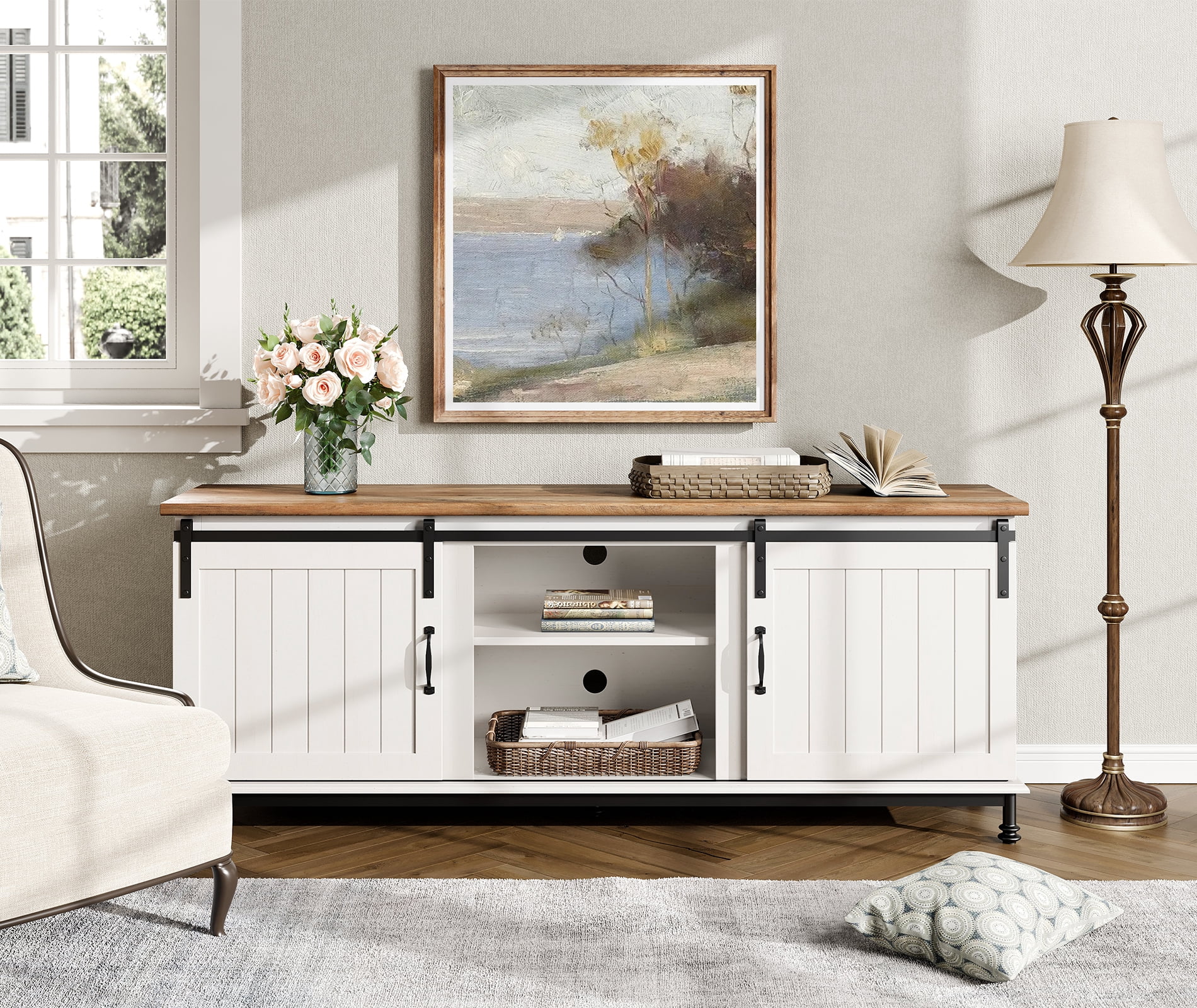 WAMPAT Farmhouse TV Stand, White Entertainment Center with Sliding Barn ...