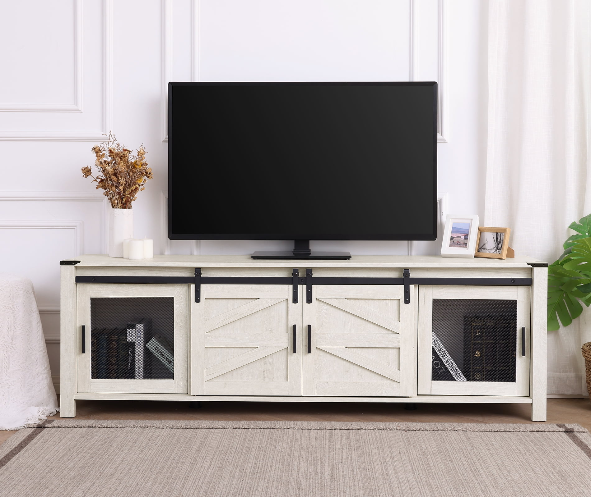 WAMPAT Farmhouse TV Stand for 75 inch TV, Sliding Barn Door Media ...