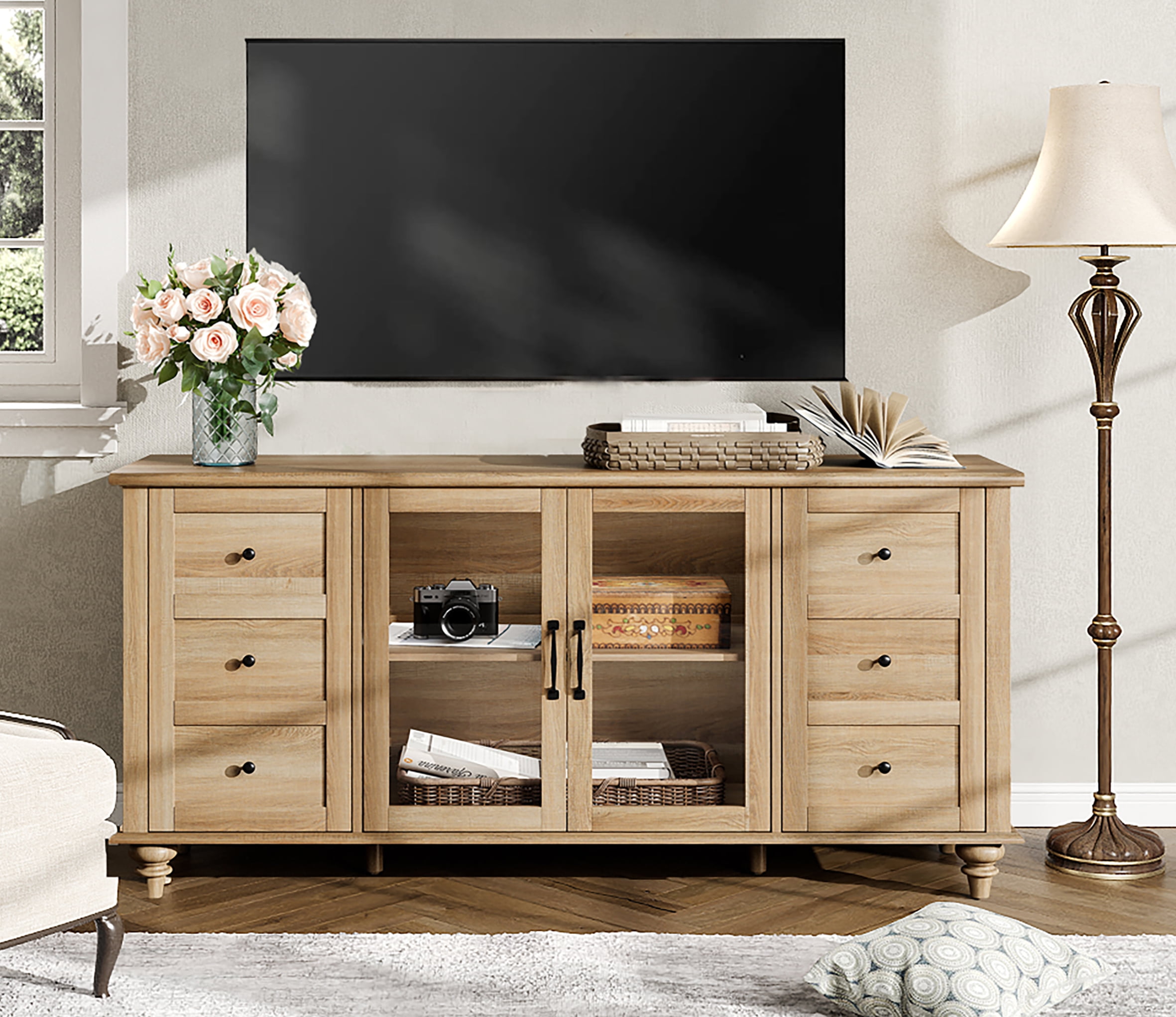 WAMPAT Farmhouse TV Stand with Glass Door, Oak Wood, Up to 75 inch TVs ...