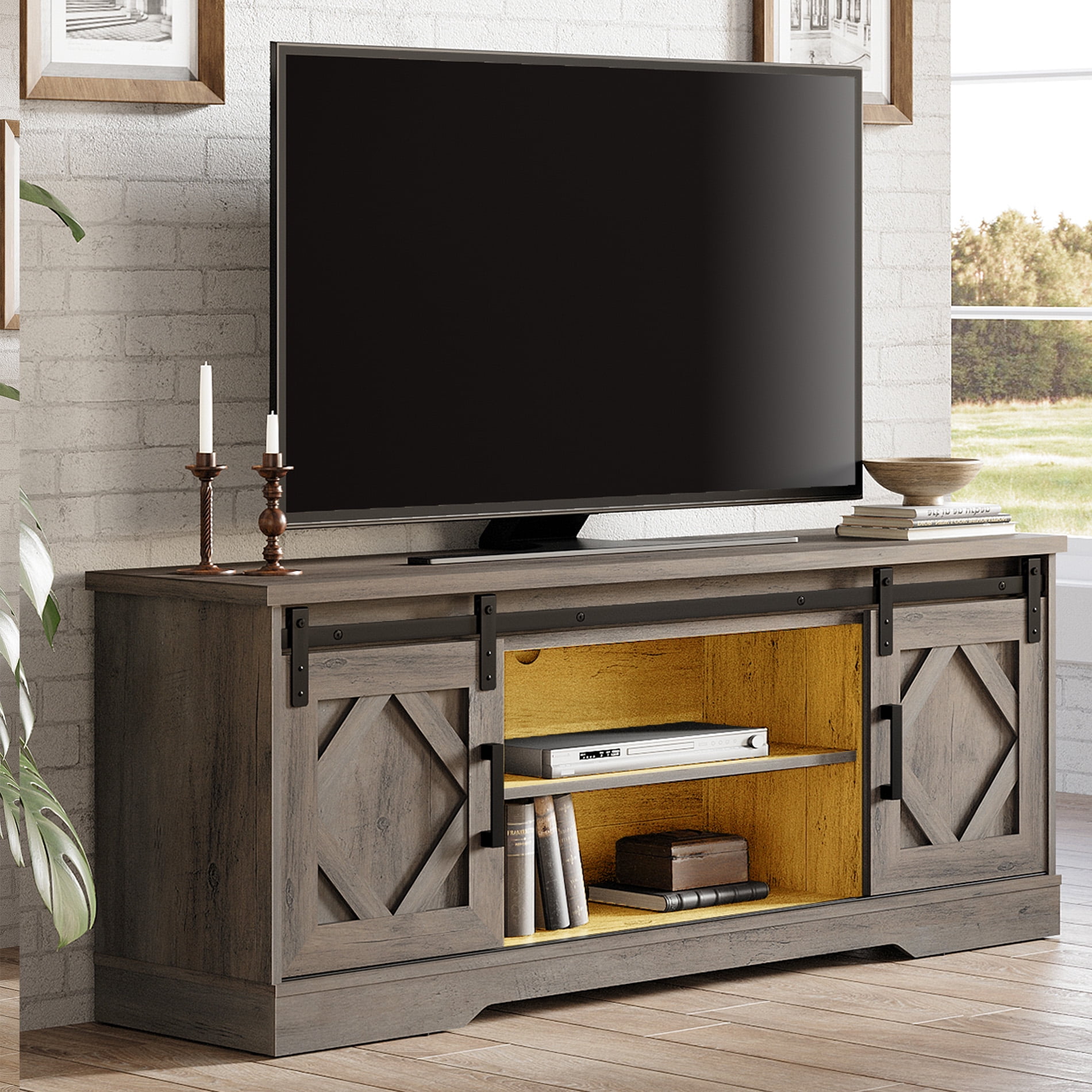 WAMPAT LED TV Stand for up to 65 inch Farmhouse TV Console with Storage ...