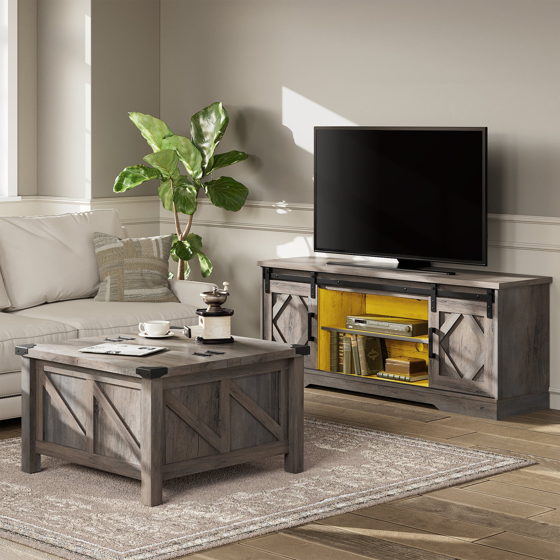 WAMPAT LED Yellow Light Farmhouse Sliding Barn Door TV Stand and Coffee ...