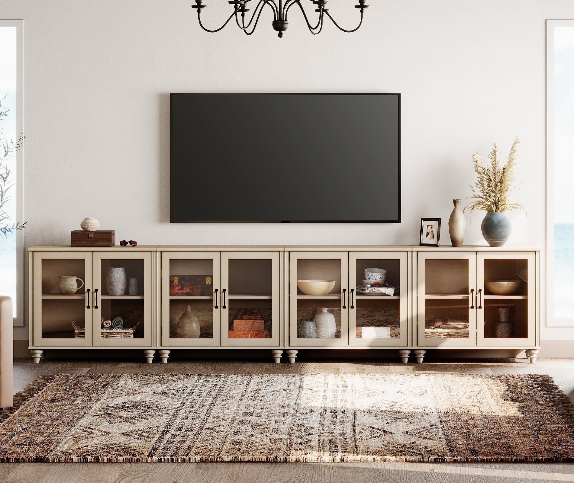 100" TV Stand, Ample Storage Cabinet with 8 Glass Doors, Wooden ...