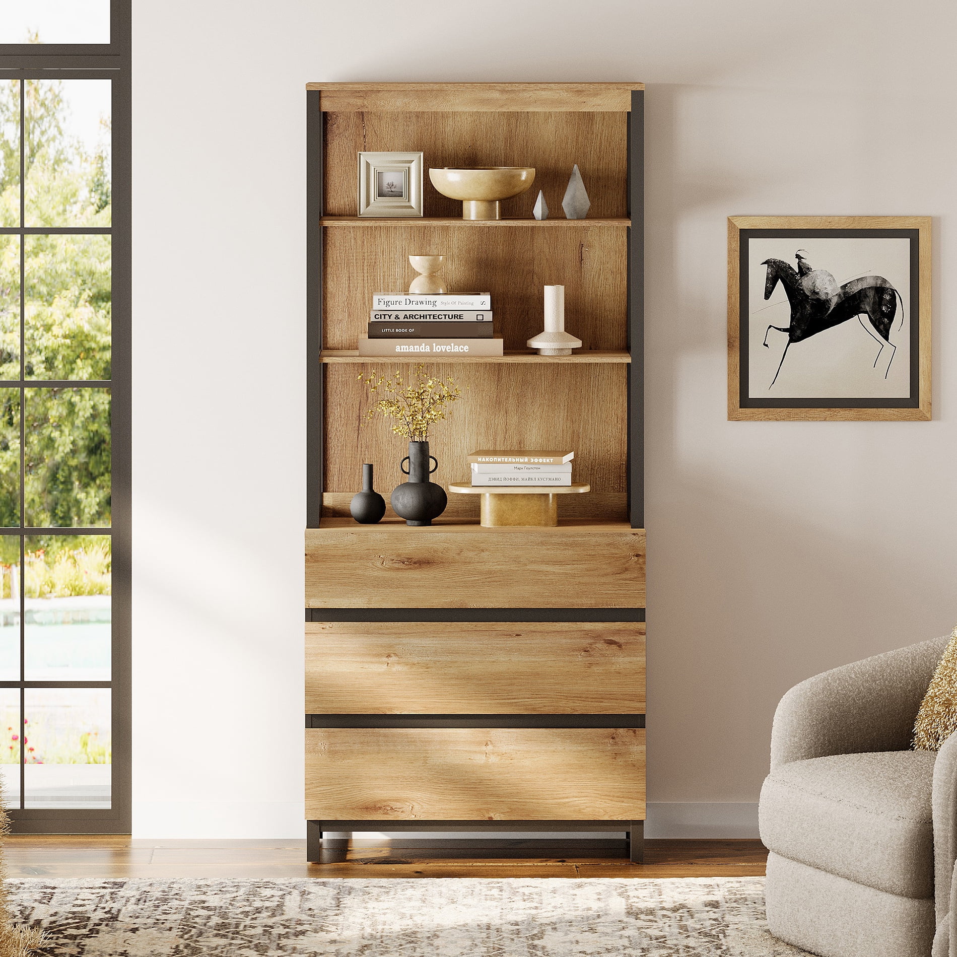 WAMPAT Modern 72" Tall Bookcase with 3 Drawers and Open Book Shelfs ...