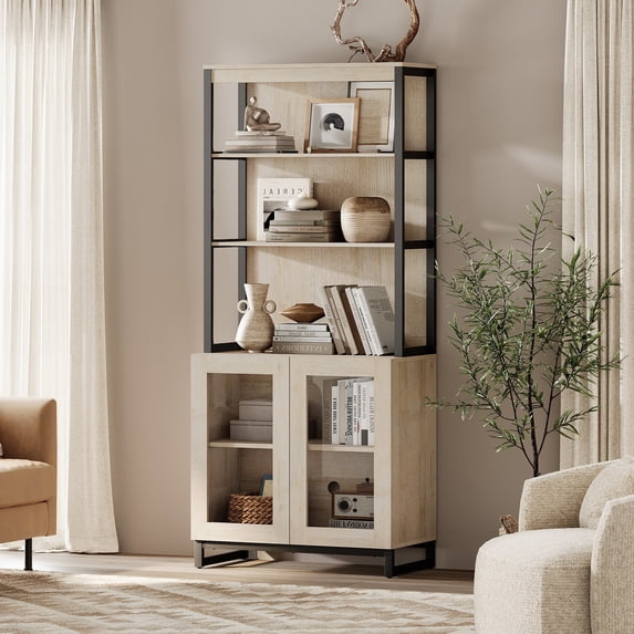 WAMPAT Modern 72" Tall Bookcase with Glass Doors and Adjustable Shelves ...