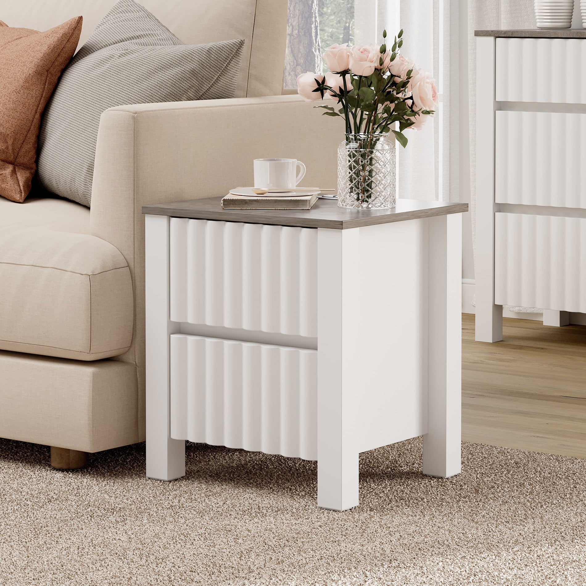 WAMPAT Modern End Table with Charging Station, White Wood Sofa Table ...
