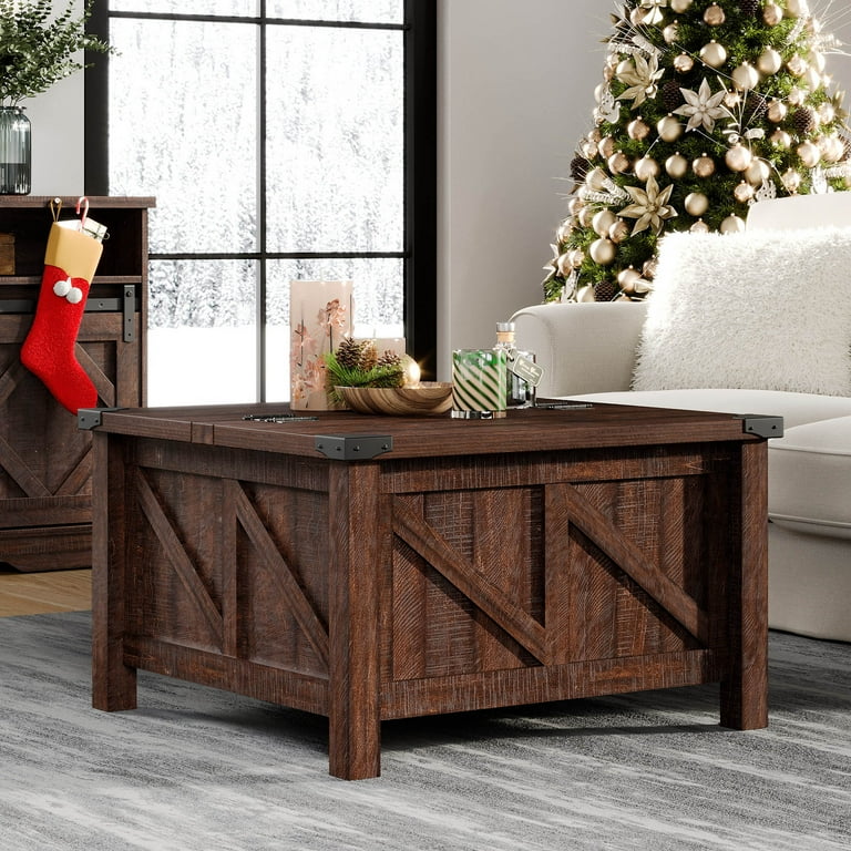 WAMPAT Modern Farmhouse Coffee Table Square Wood Center Table with Gas Struts Lift Top for Extra Large Hidden Storage Metal Bracket Corner