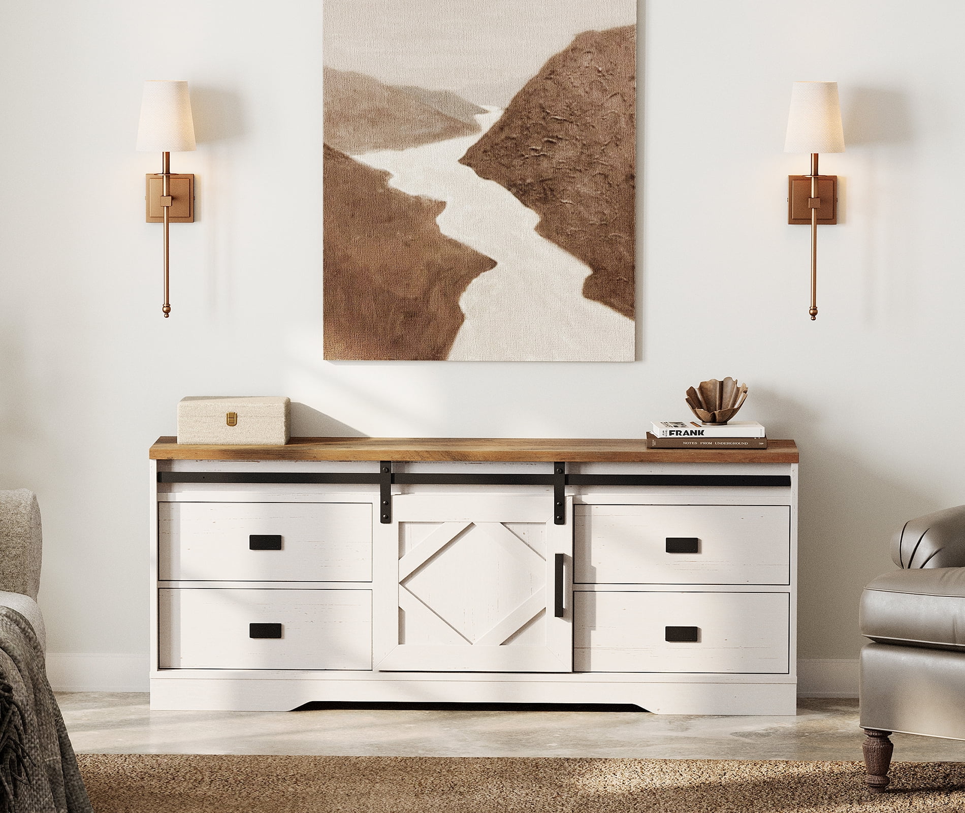 Wampat TV Stand Wood 65 inch TV Cream White with Barn Door & Rub ...