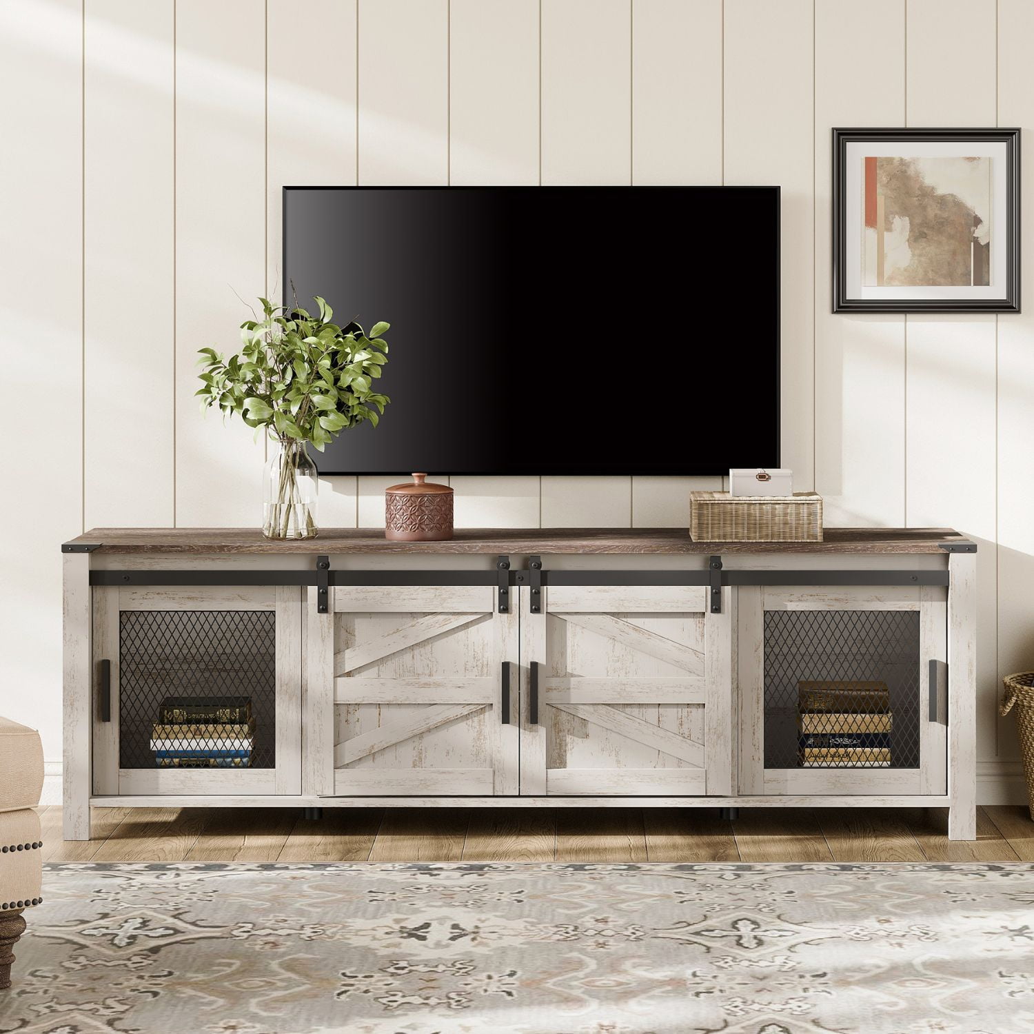 WAMPAT Modern Farmhouse TV Stand for 75 inch TV, Media TV Console Table ...