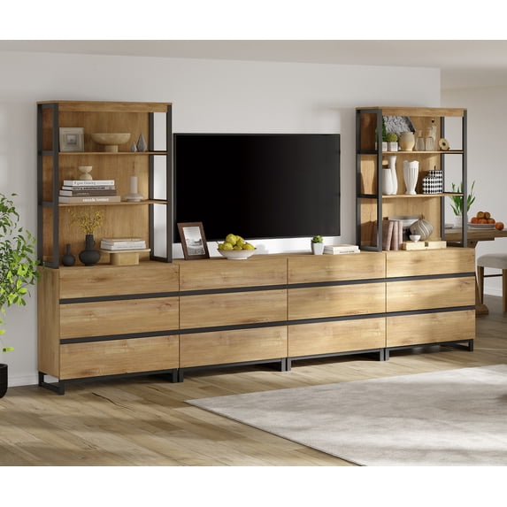 WAMPAT Modern TV Stand with 3 Tiers Bookshelf, Farmhouse Entertainment ...