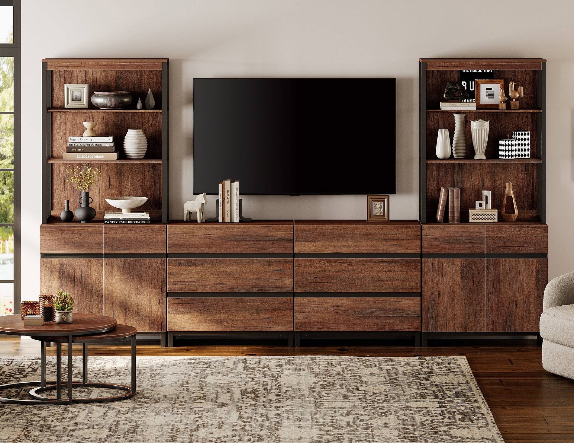 WAMPAT Modern TV Stand with 3 Tiers Bookshelf, Farmhouse Entertainment ...