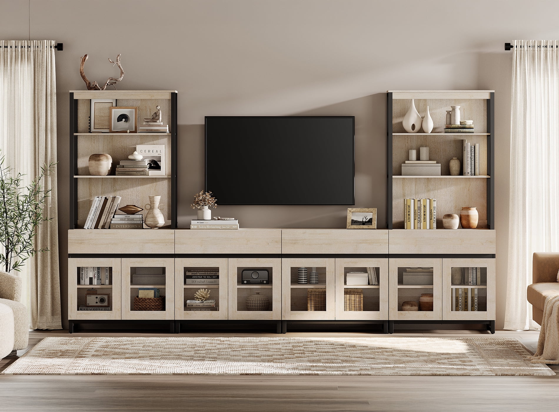 WAMPAT Modern TV Stand with 3 Tiers Bookshelf, Farmhouse Entertainment ...