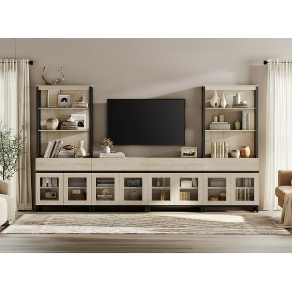 WAMPAT Modern TV Stand with 3 Tiers Bookshelf, Farmhouse Entertainment ...