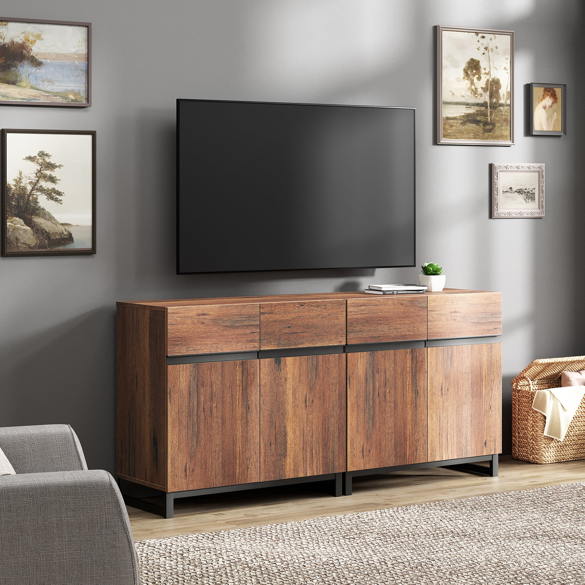 Wampat Modern TV Stand, Fits TVs up to 70 Inches, Brown Walnut Grain ...