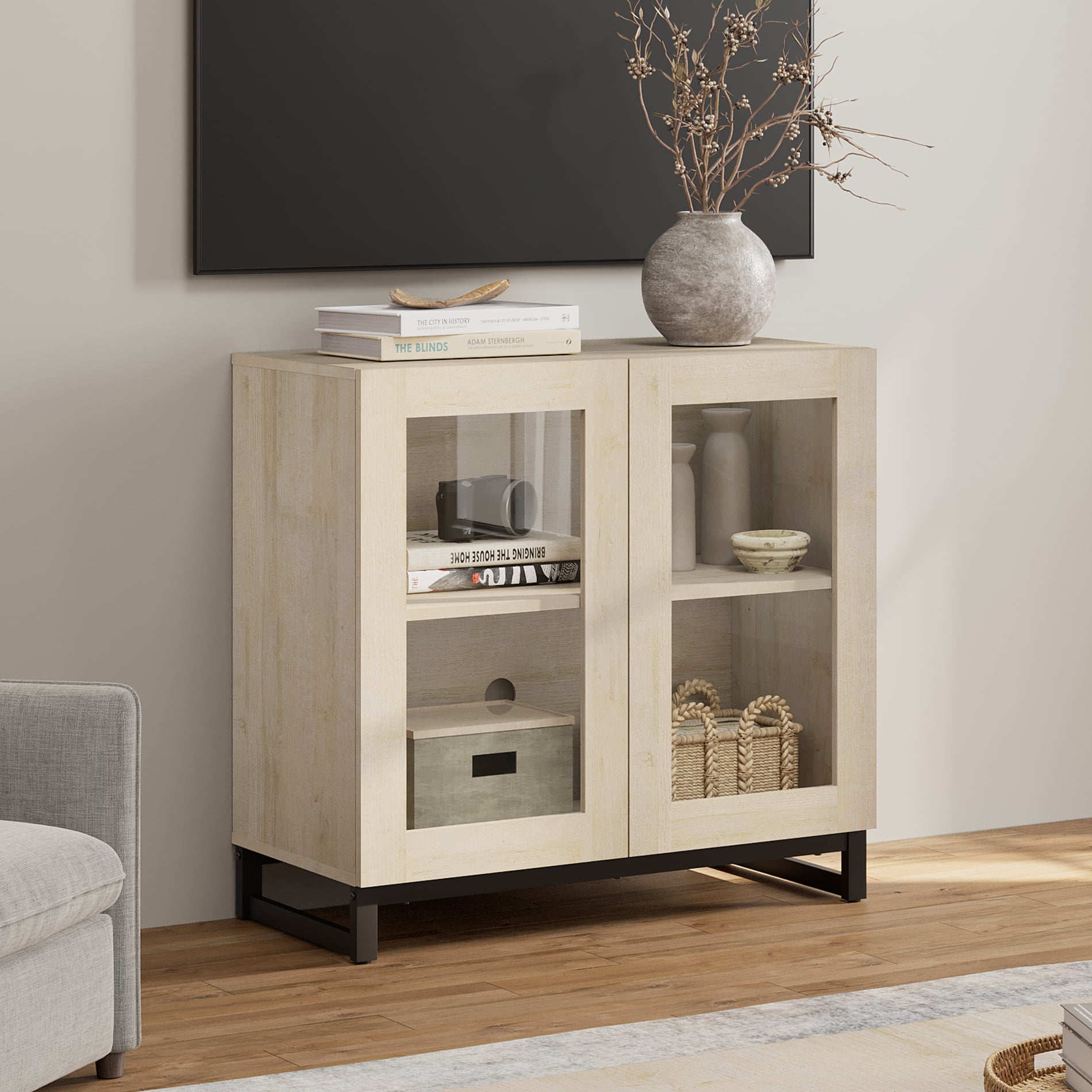 WAMPAT Modern TV Stand with Glass Doors for 32-40 inch TVs ...