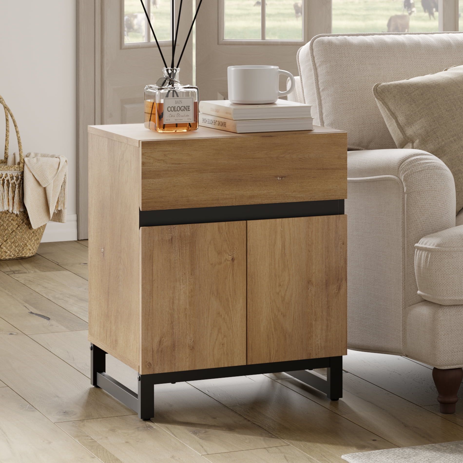 WAMPAT Nightstand with 1 Drawer & 1 Storage Cabinet, Modern Bedside ...