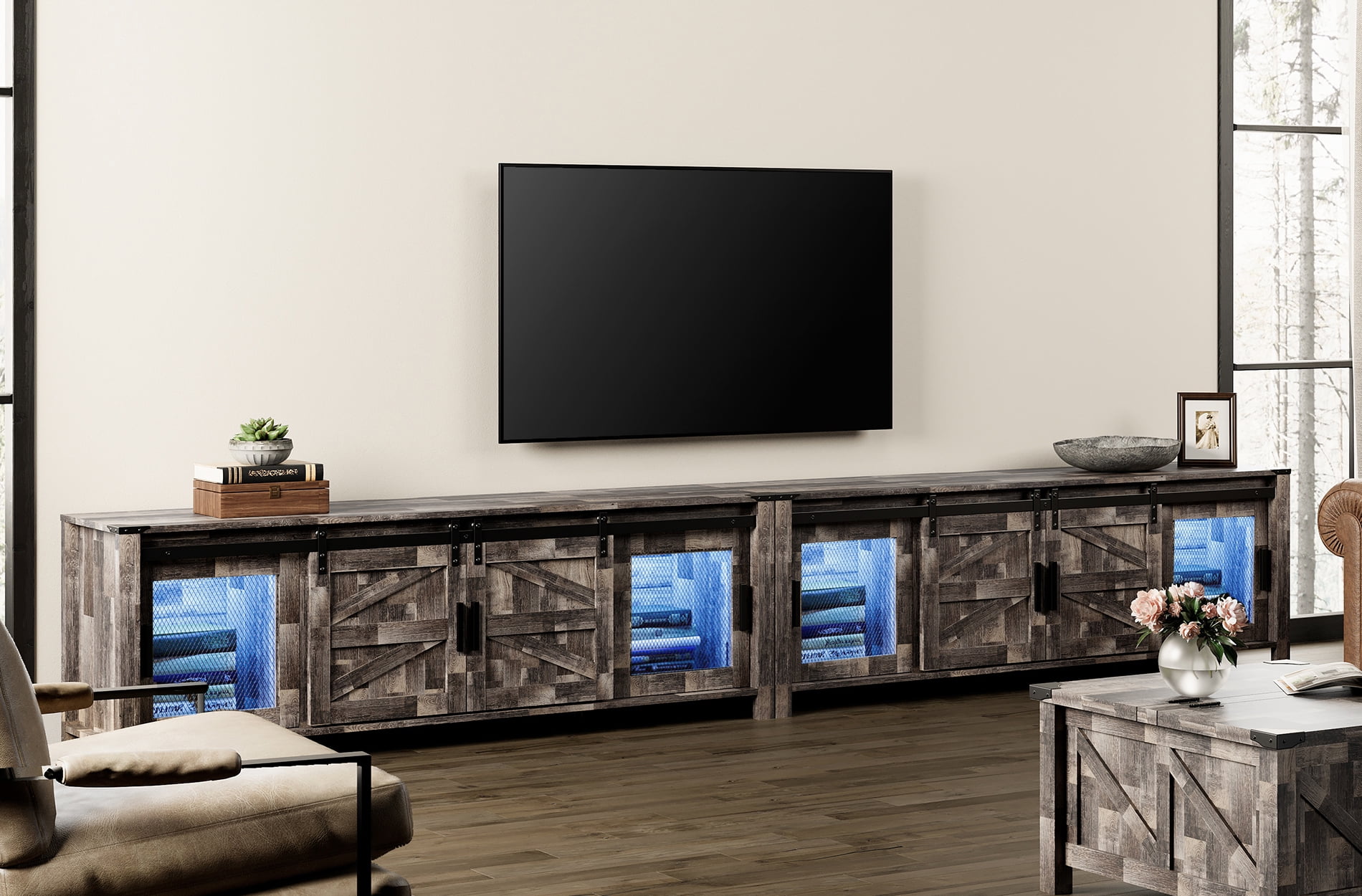 WAMPAT Set of two Blue LED Farmhouse TV Stand for 100 inch TV, Sliding ...