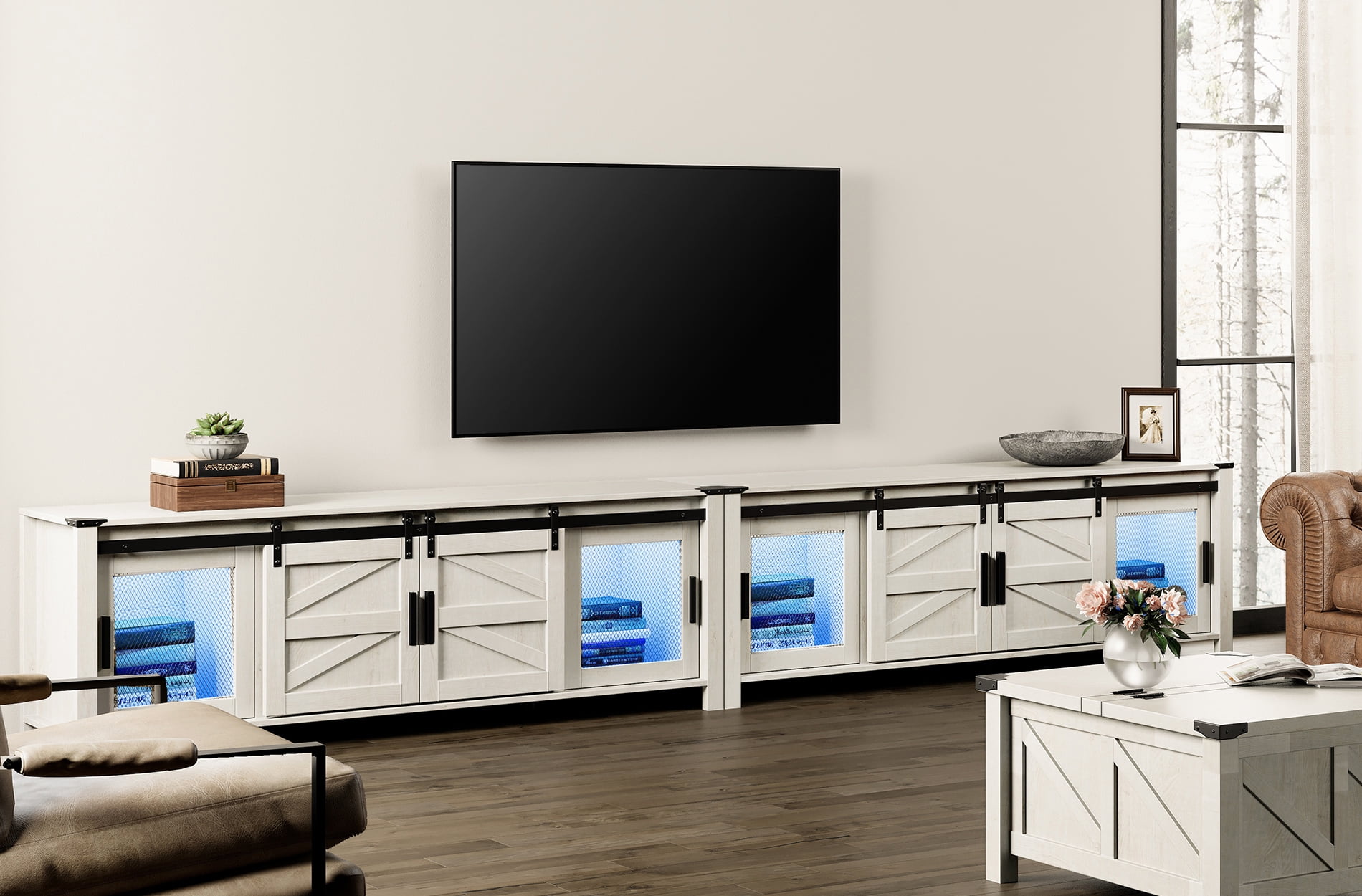 WAMPAT Set of two Blue Light Farmhouse TV Stand for 100 inch TV ...